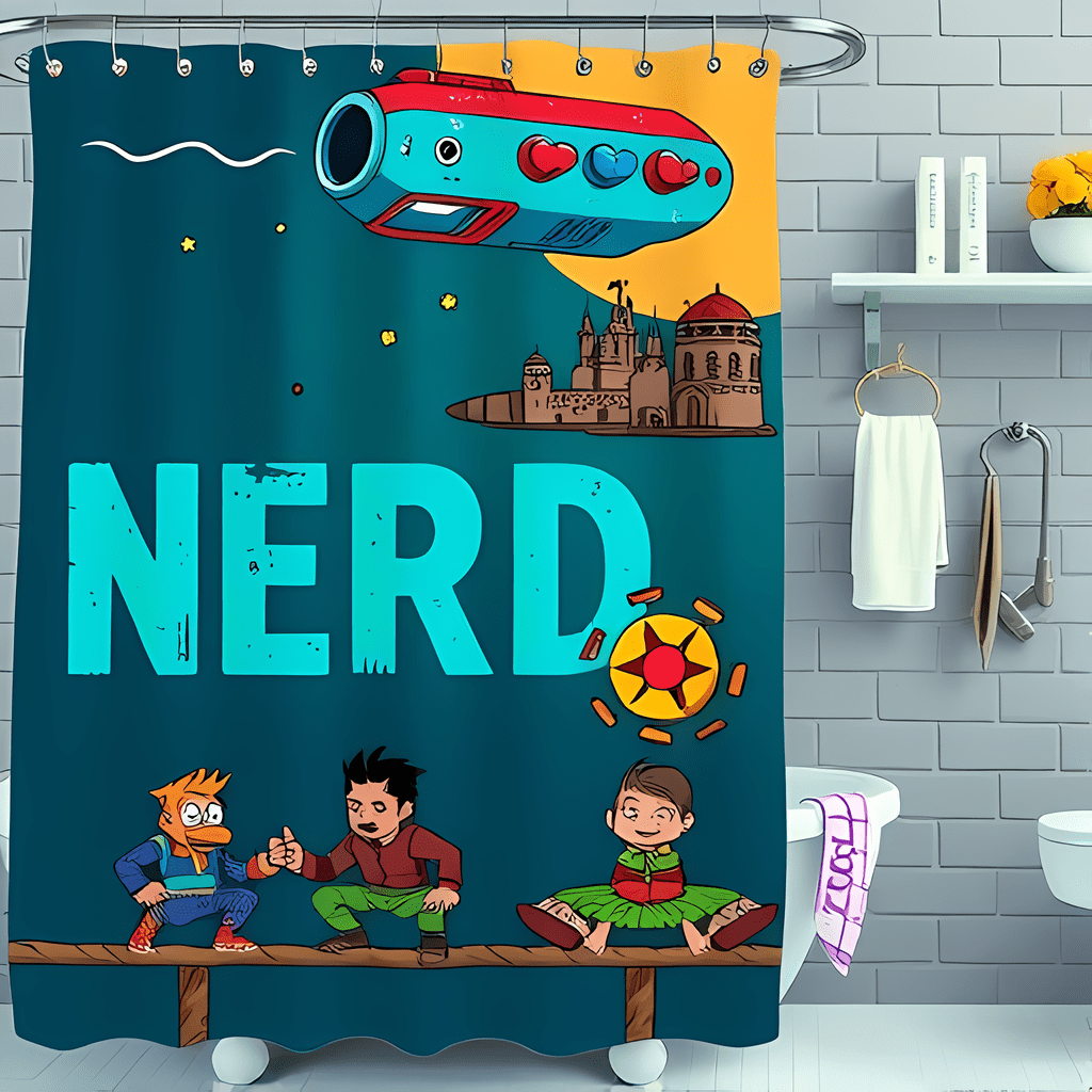 Whimsical Teal Shower Curtain with Cartoon Spaceship Castle and Bold ...