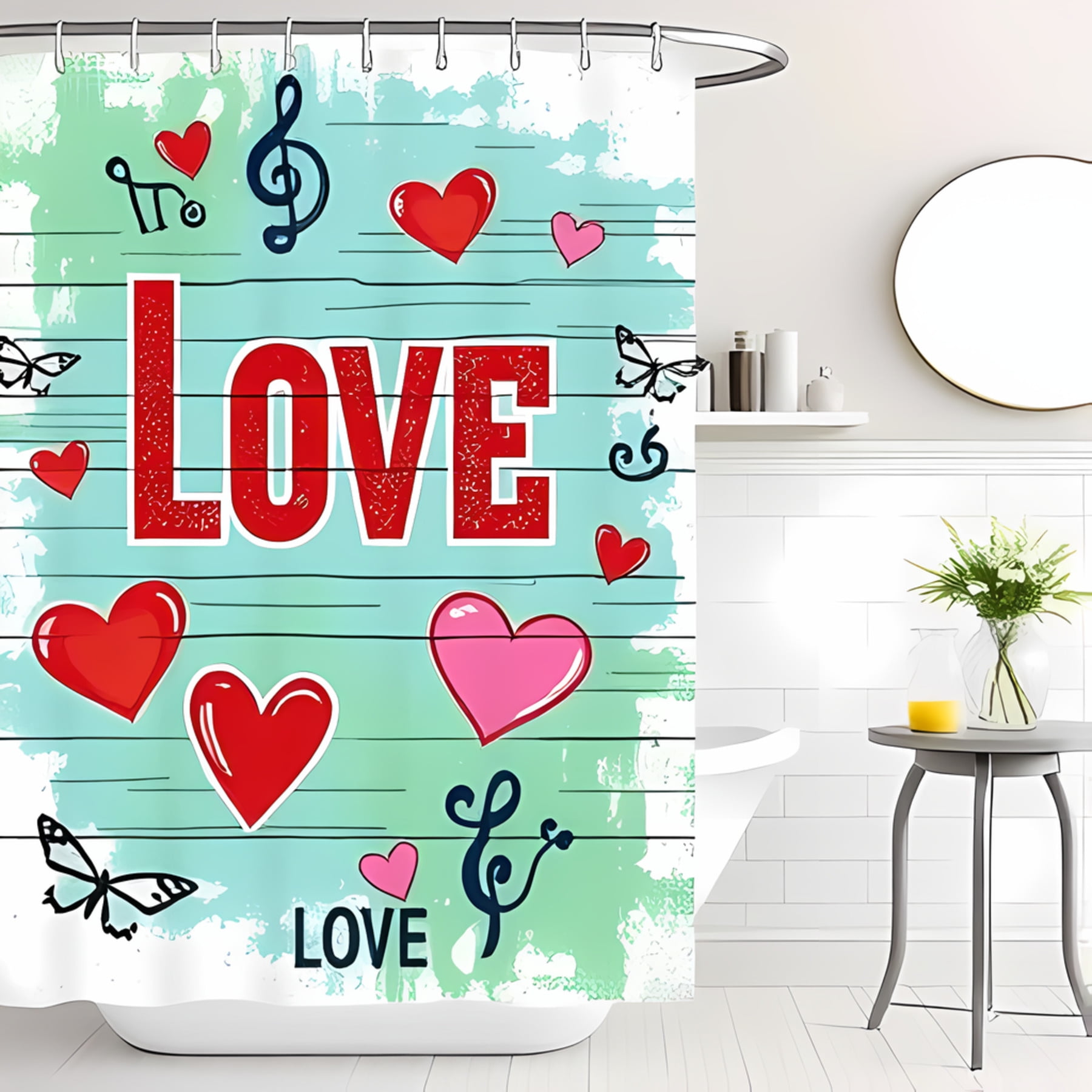 Whimsical Teal Shower Curtain with Hearts Musical Notes & Vintage 'LOVE ...
