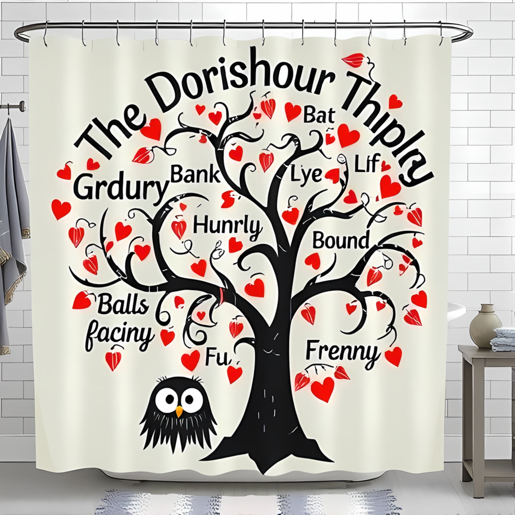 Whimsical Tree Design Shower Curtain with Red Hearts and Cartoon Owl ...