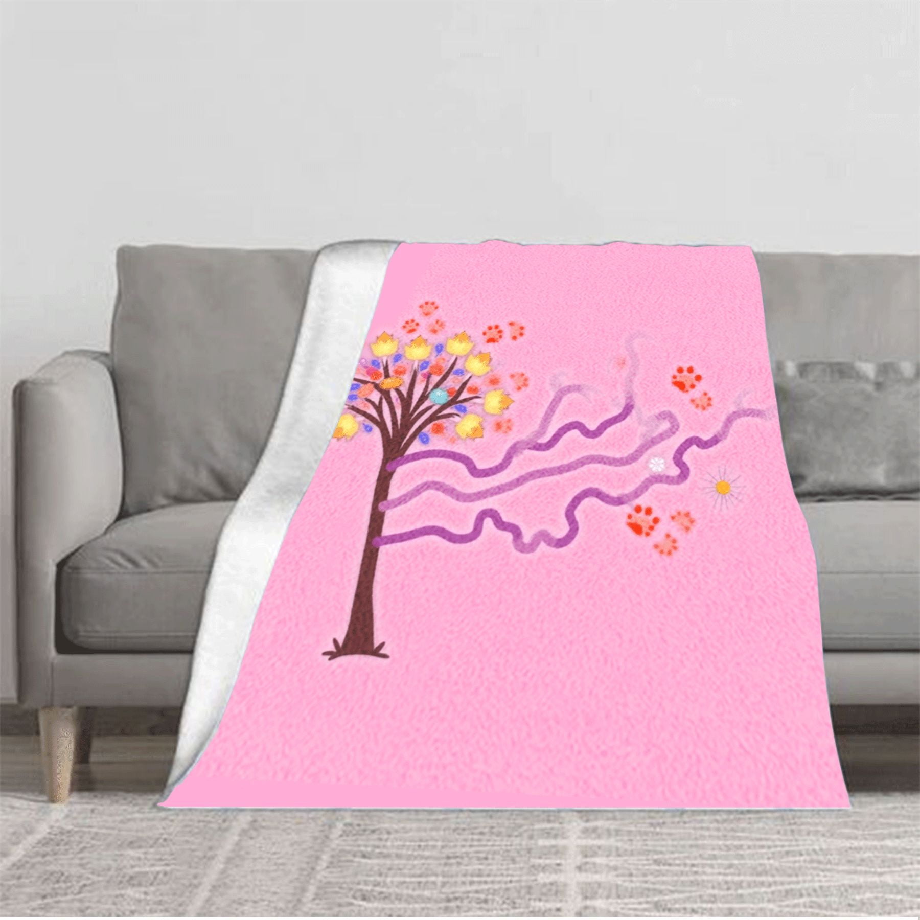 Whimsical Tree Flannel Blanket - Colorful Leaves & Purple Ribbons Soft ...