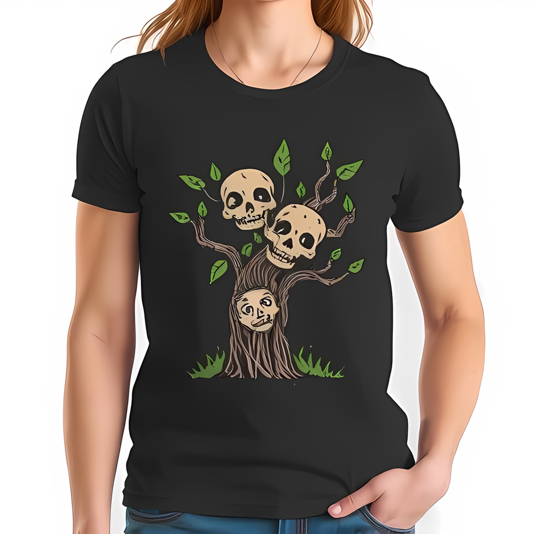 Whimsical Tree Graphic T-Shirt Black Tee with Detailed Skulls and ...