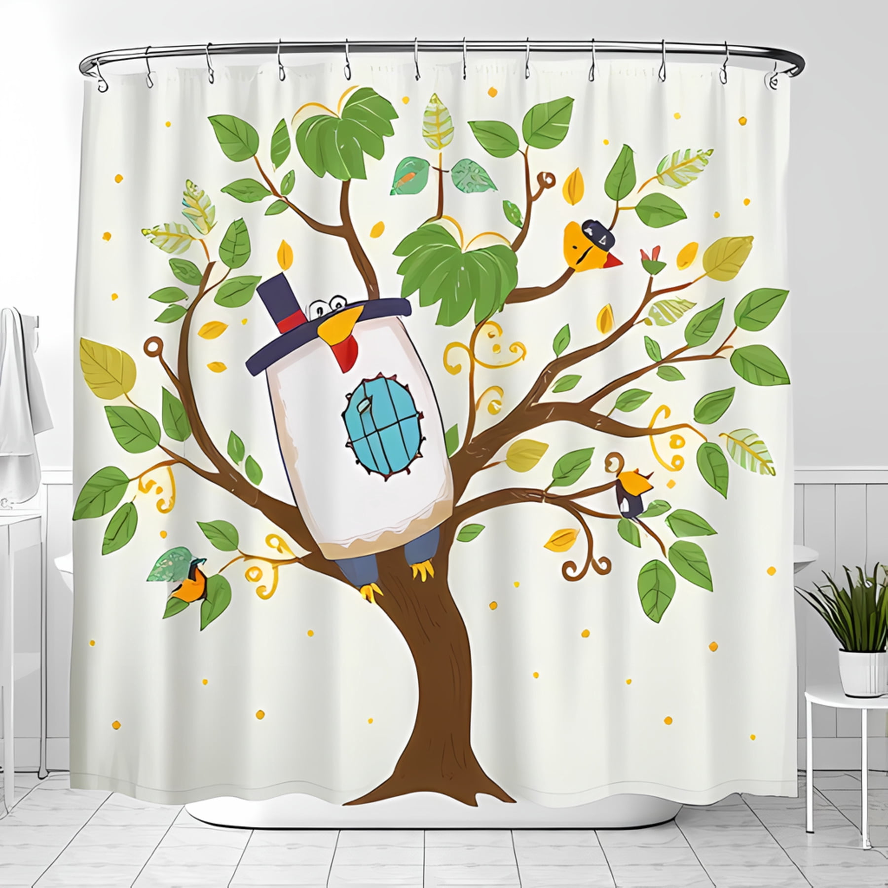 Whimsical Tree House Shower Curtain - Vibrant Green Leaves Playful ...