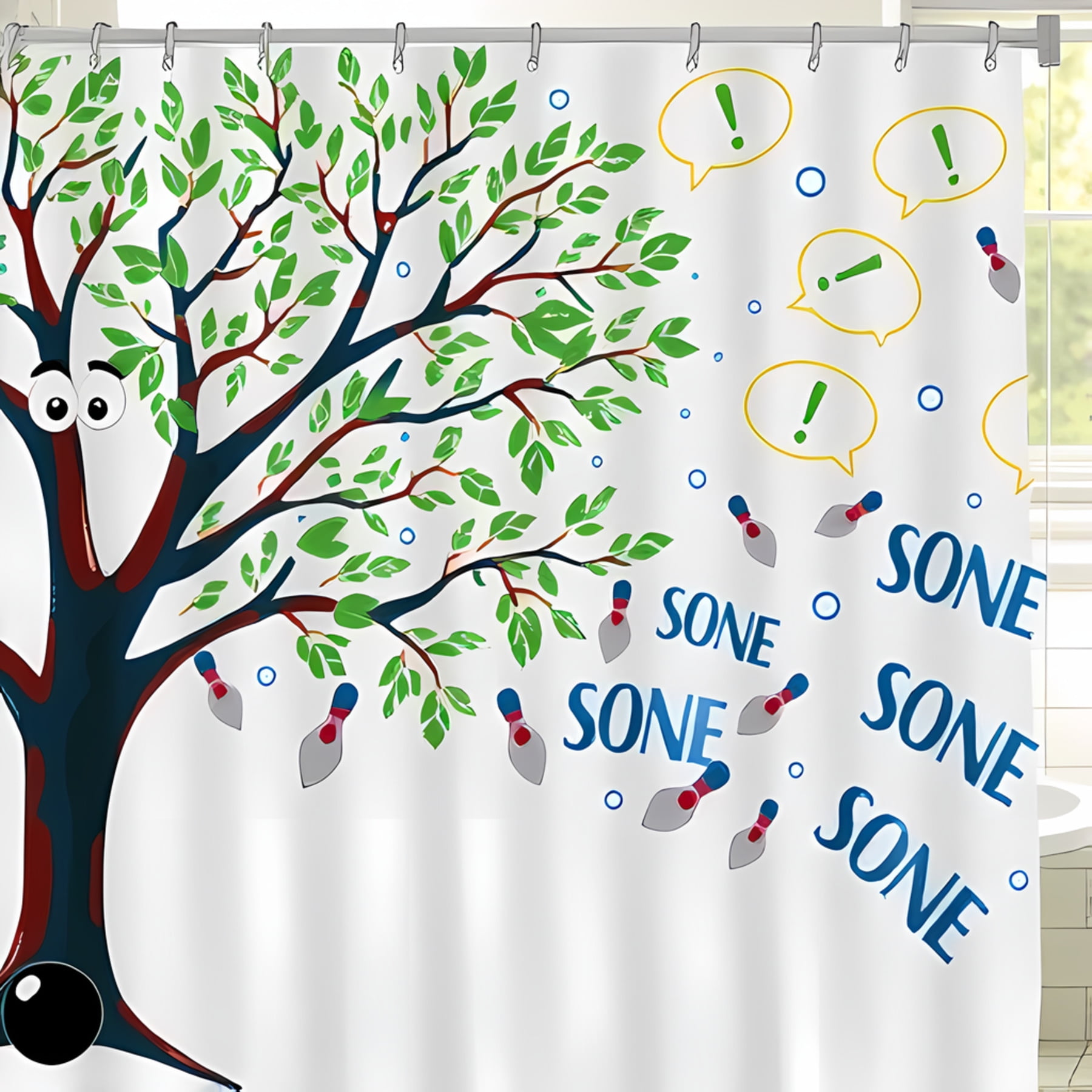Whimsical Tree Shower Curtain with Expressive Eyes & Bowling - Fun ...