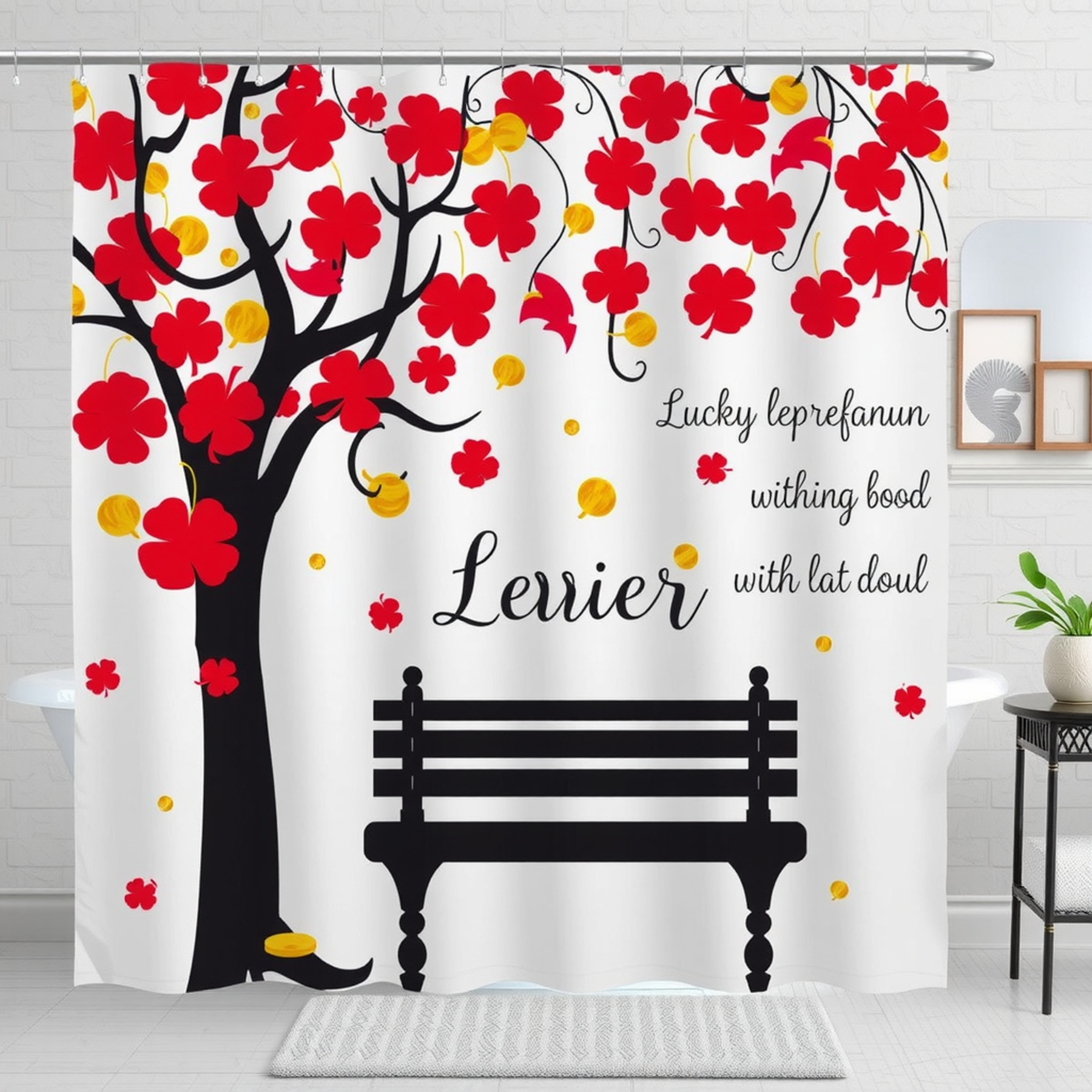 Whimsical Tree Shower Curtain with Red Clovers & Gold - Folklore Design ...