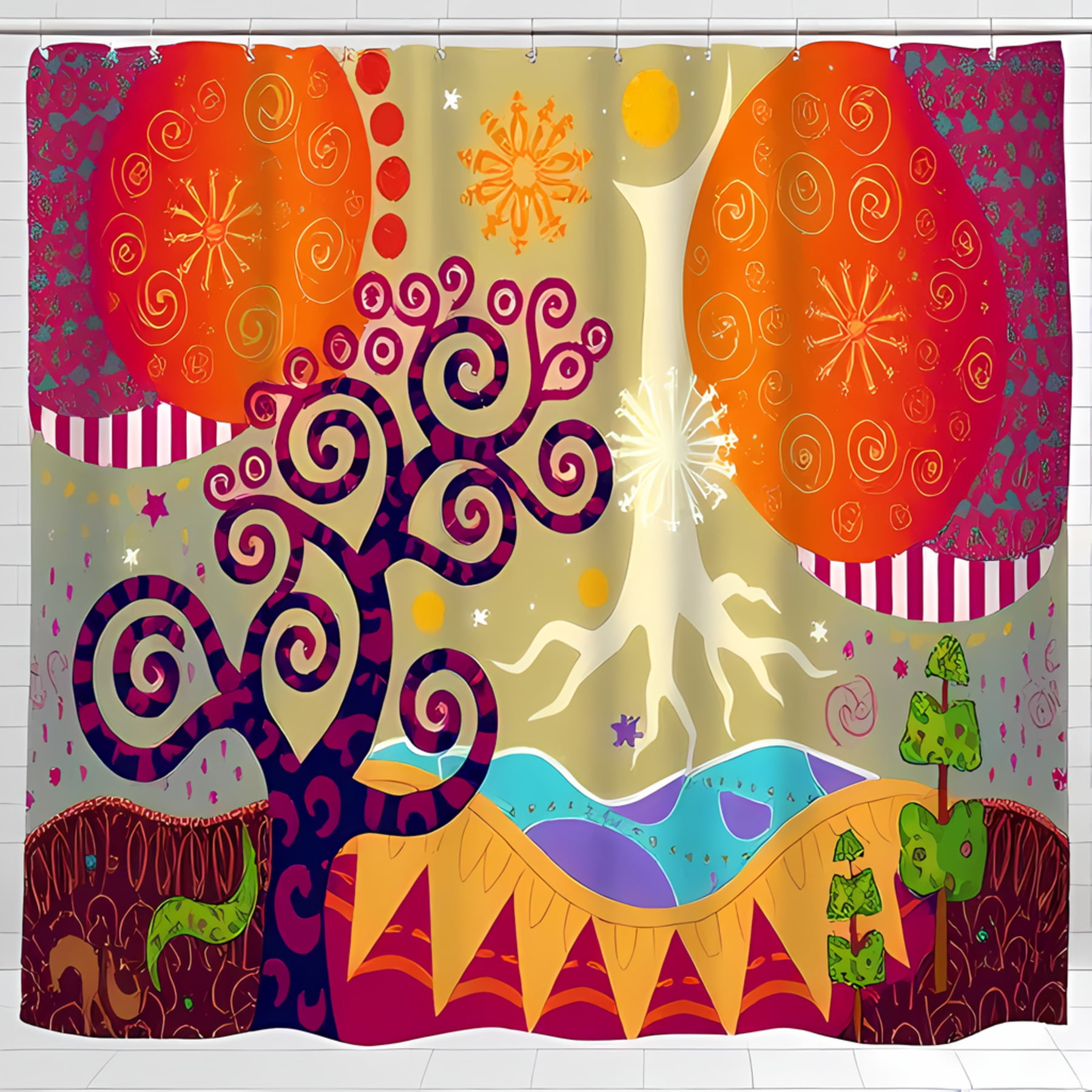 Whimsical Tree and Geometric Shapes Shower Curtain - Vibrant Abstract ...