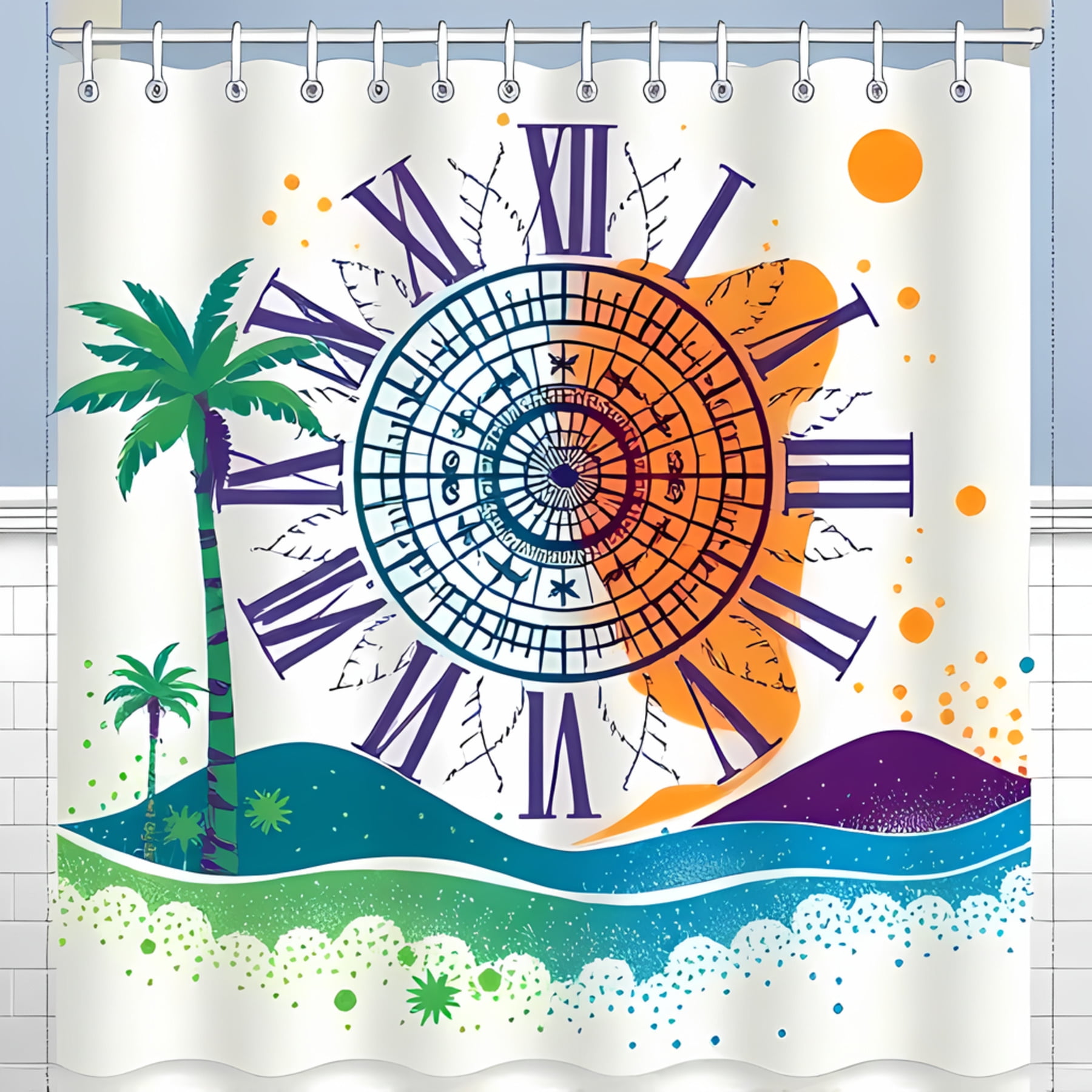 Whimsical Tropical Clock Shower Curtain - Vibrant Design with Roman ...