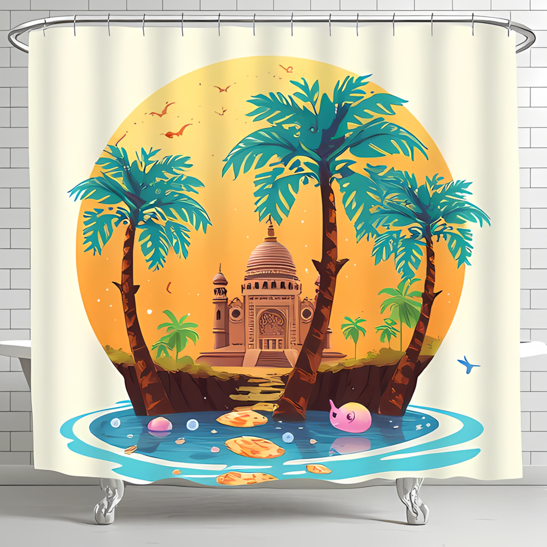 Whimsical Tropical Island Shower Curtain with Majestic Temple Design ...