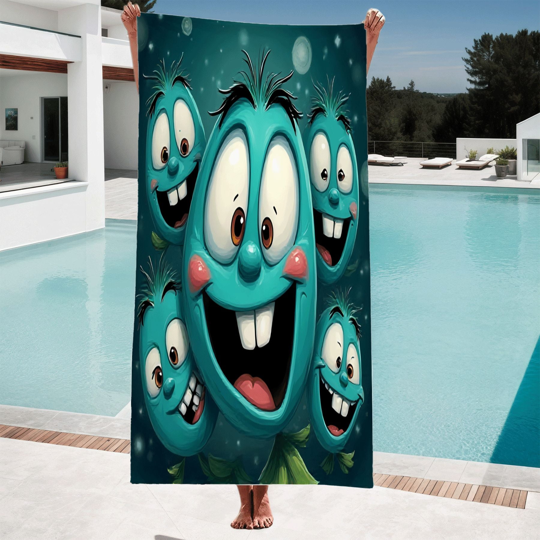 Whimsical Turquoise Cartoon Characters Beach Towel - Fun Playful Design ...