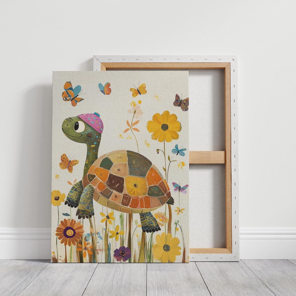 Whimsical Turtle With Colorful Shell Among Butterflies And Flowers ...