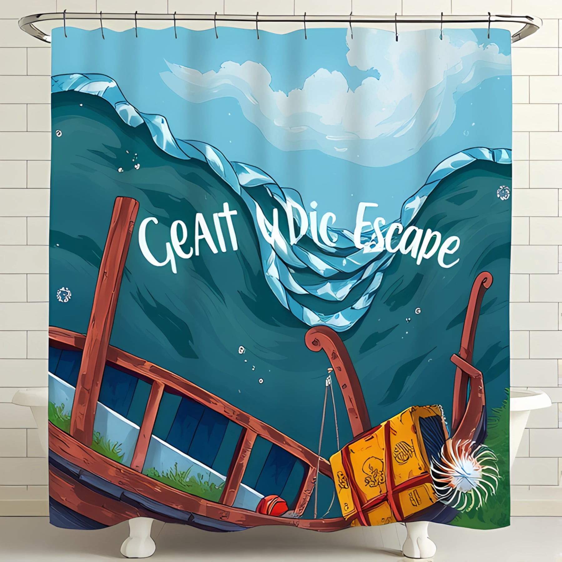 Whimsical Underwater Shower Curtain with Boat & Treasure Chest - "Gealt ...