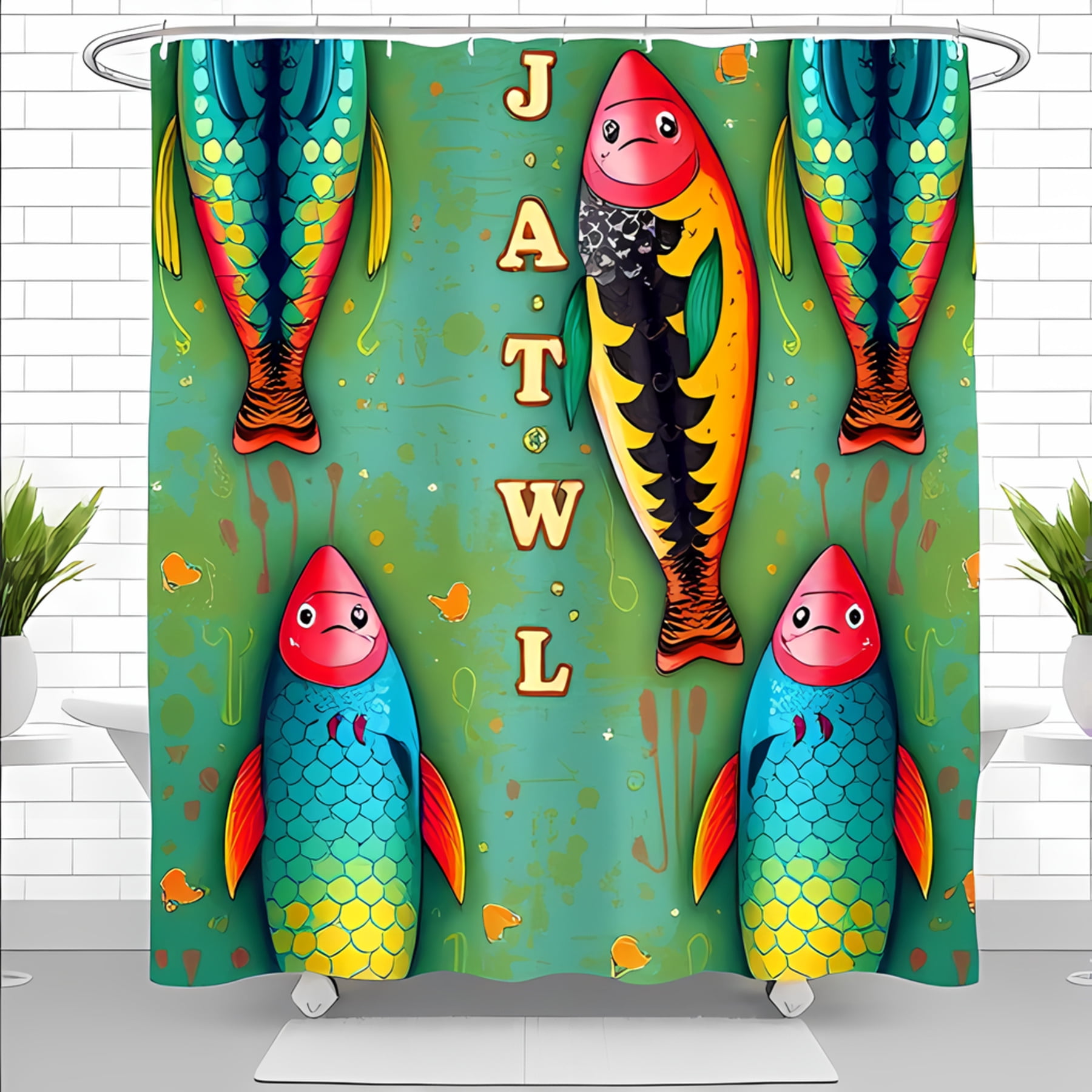 Whimsical Underwater Shower Curtain with Colorful Fish & Bold 'JATWL ...