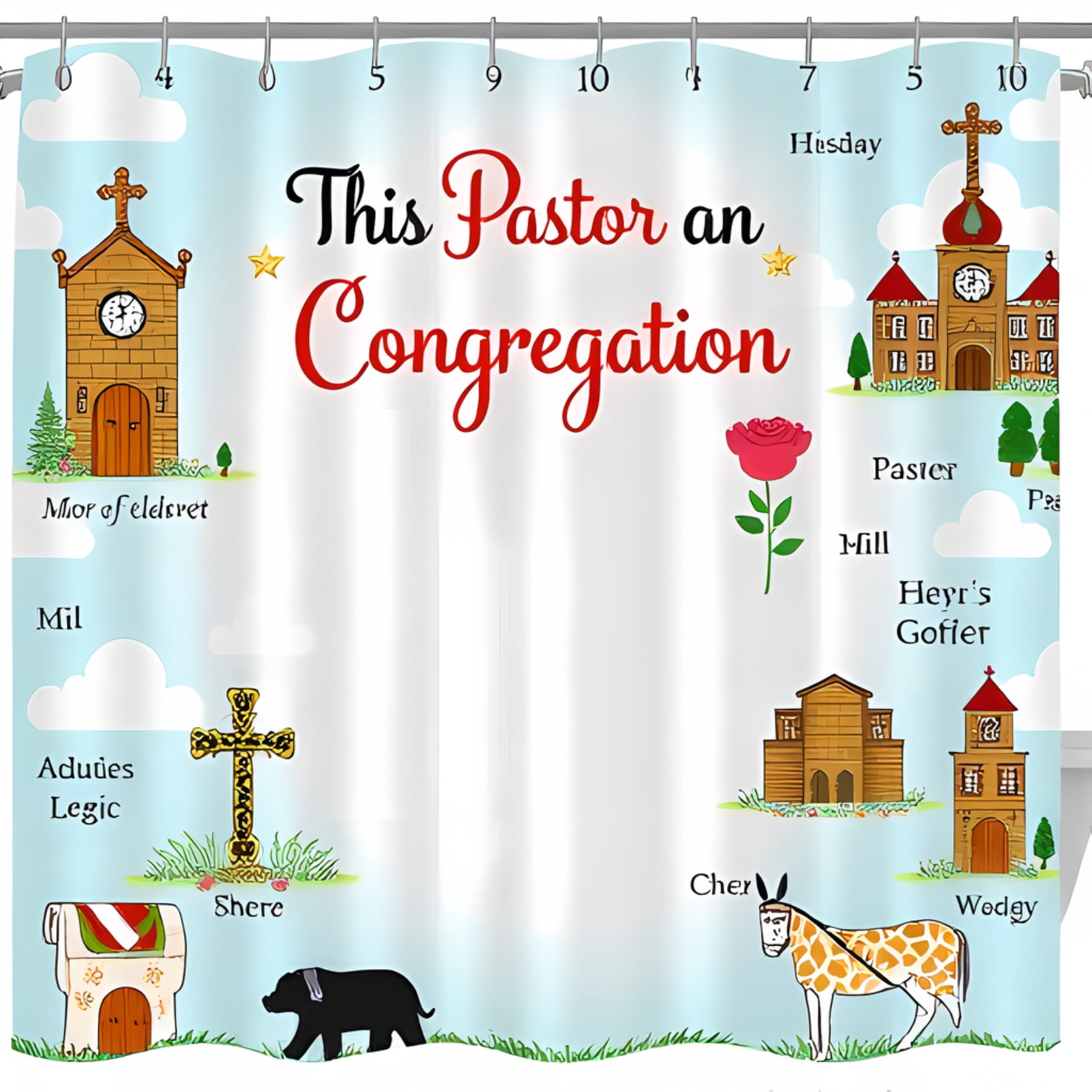 Whimsical Village Shower Curtain with Cartoonish Pastor and Playful ...