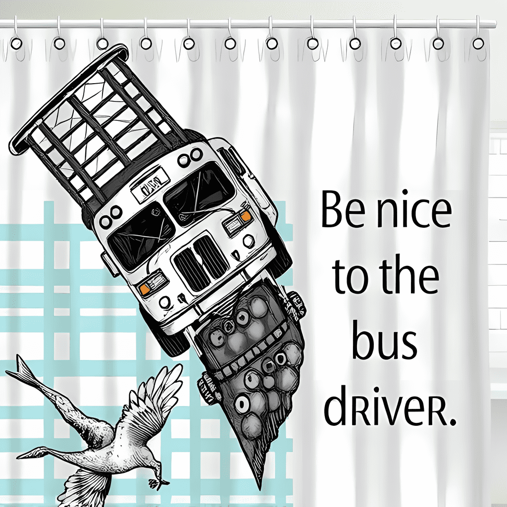 Whimsical Vintage City Bus Shower Curtain - Humorous Design with Crane ...