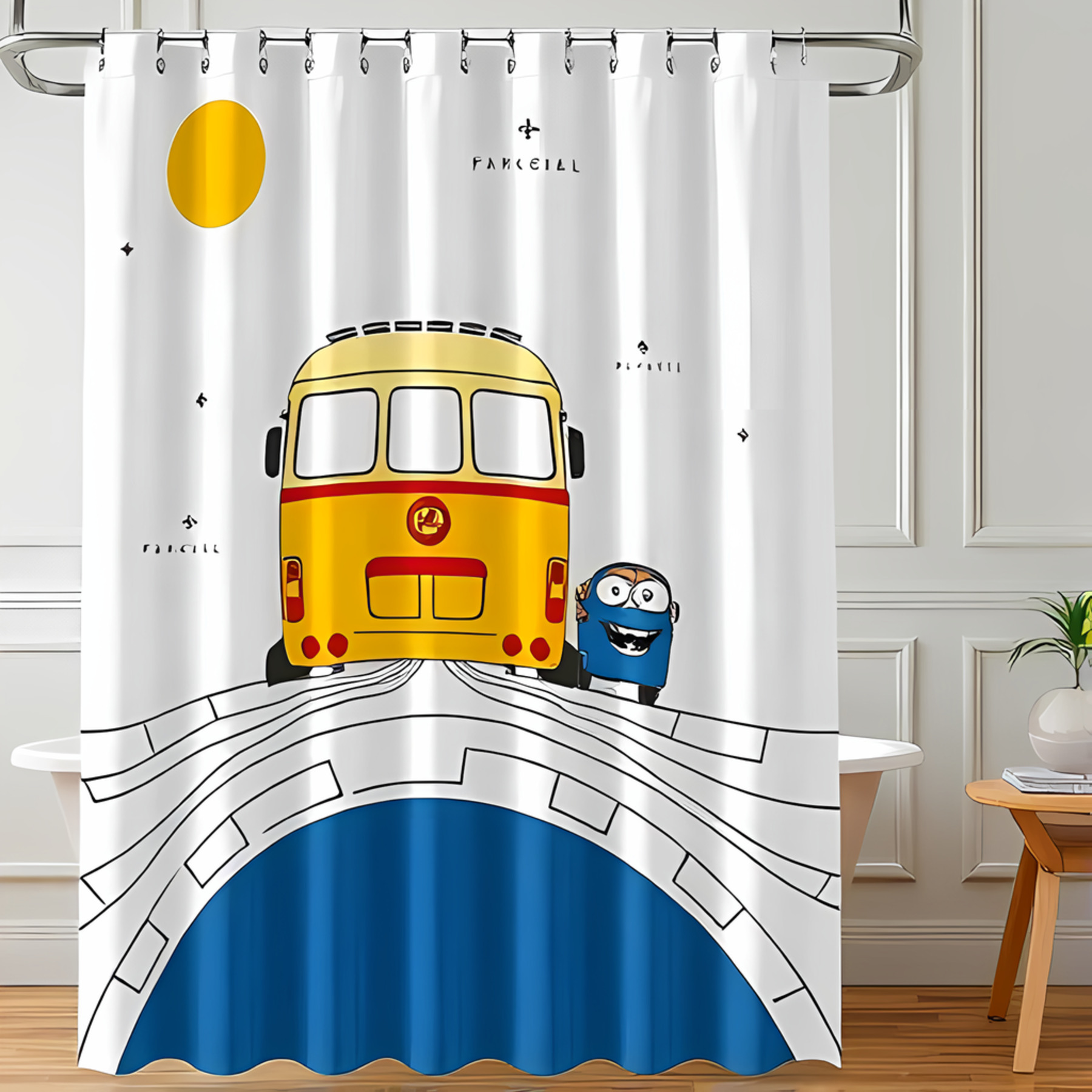 Whimsical Vintage Yellow Bus Shower Curtain with Friendly Character ...