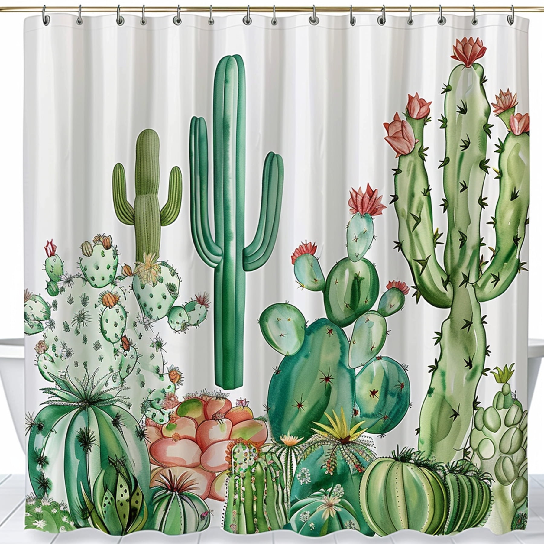 Whimsical Watercolor Cactus Shower Curtain Cartoon Style Bathroom Decor
