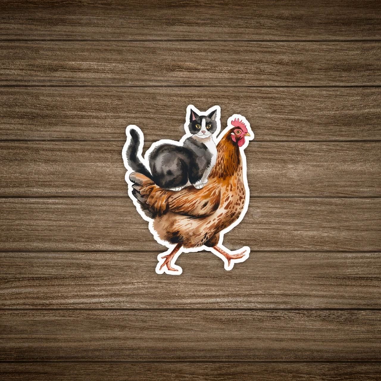 Whimsical Watercolor Cat And Chicken Sticker - Quirky Animal Friends ...