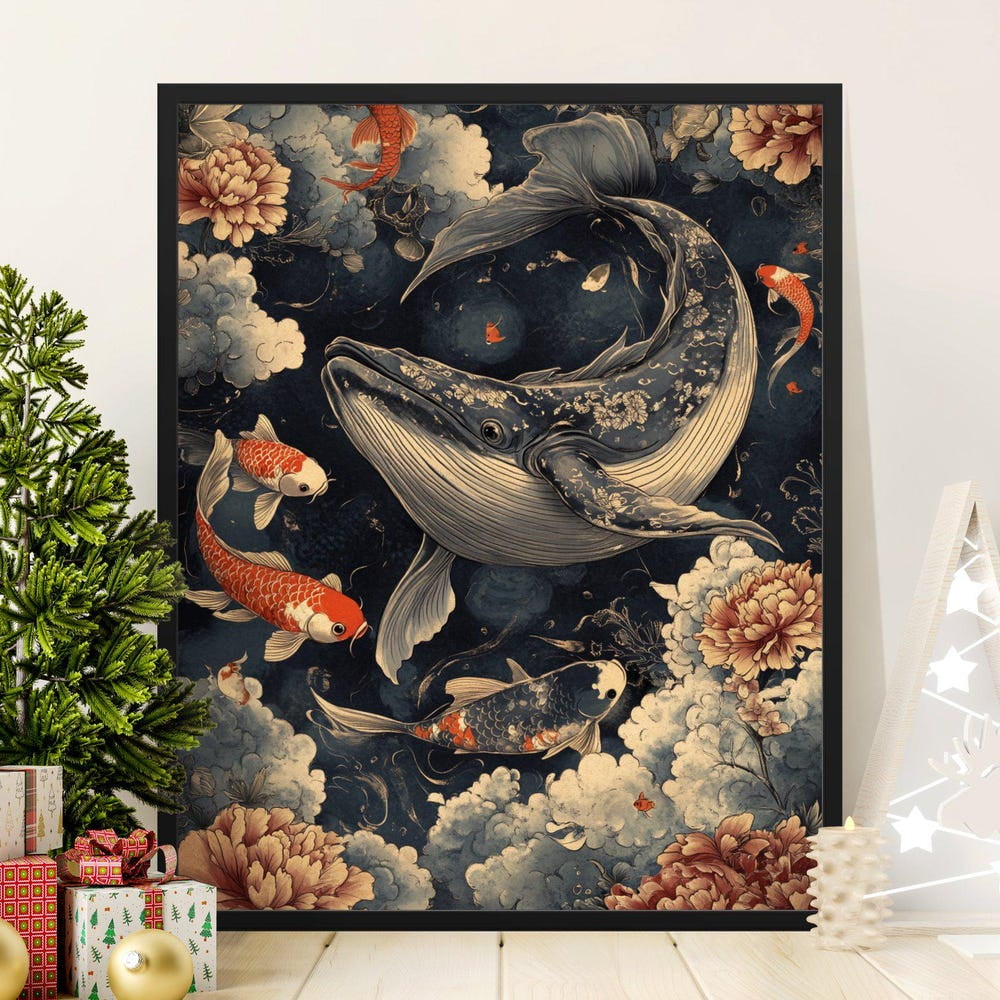 Whimsical Whale Poster, Koi Fish Art Print, Japanese Style Wall Art ...
