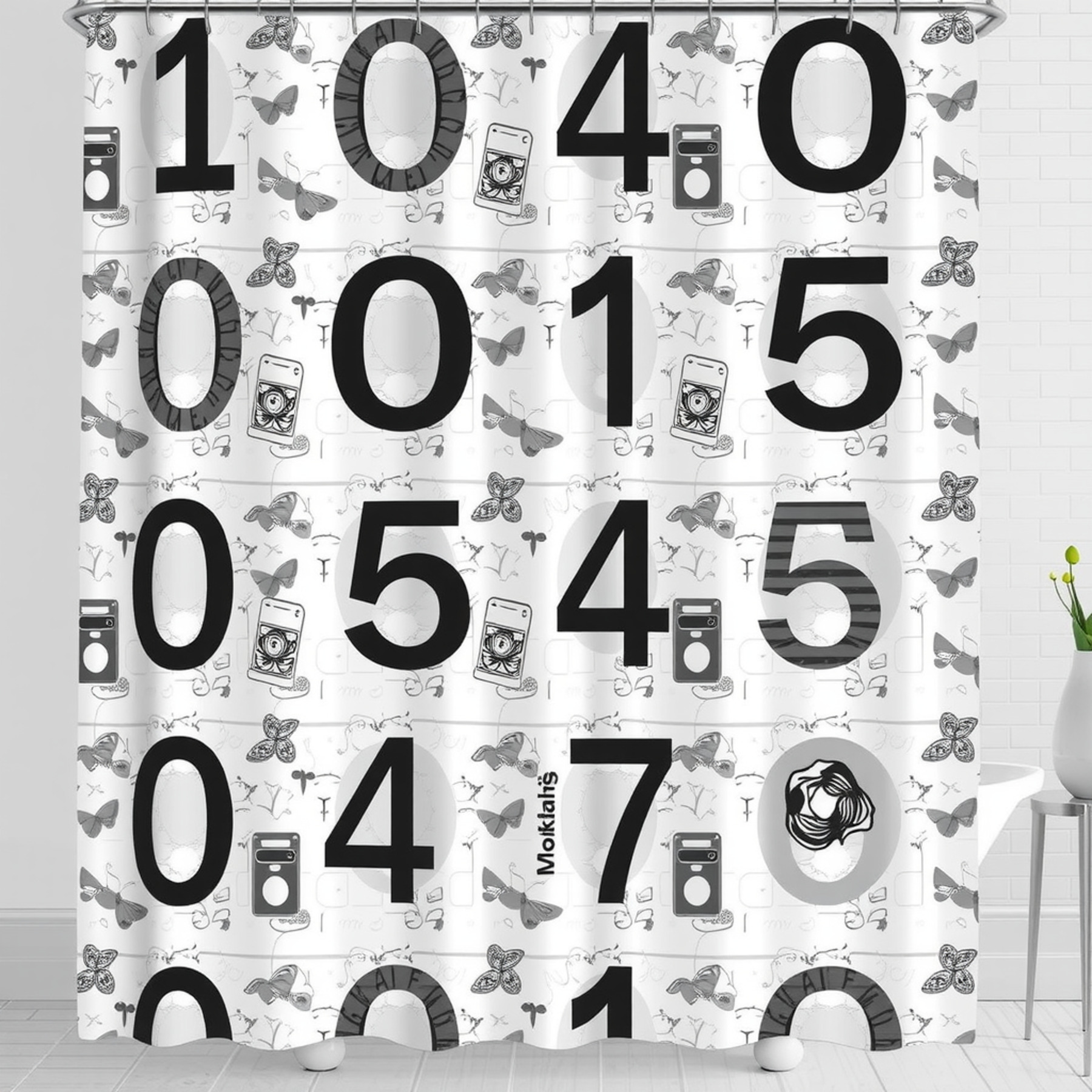 Whimsical White Shower Curtain with Bold Black Numbers & Butterflies ...