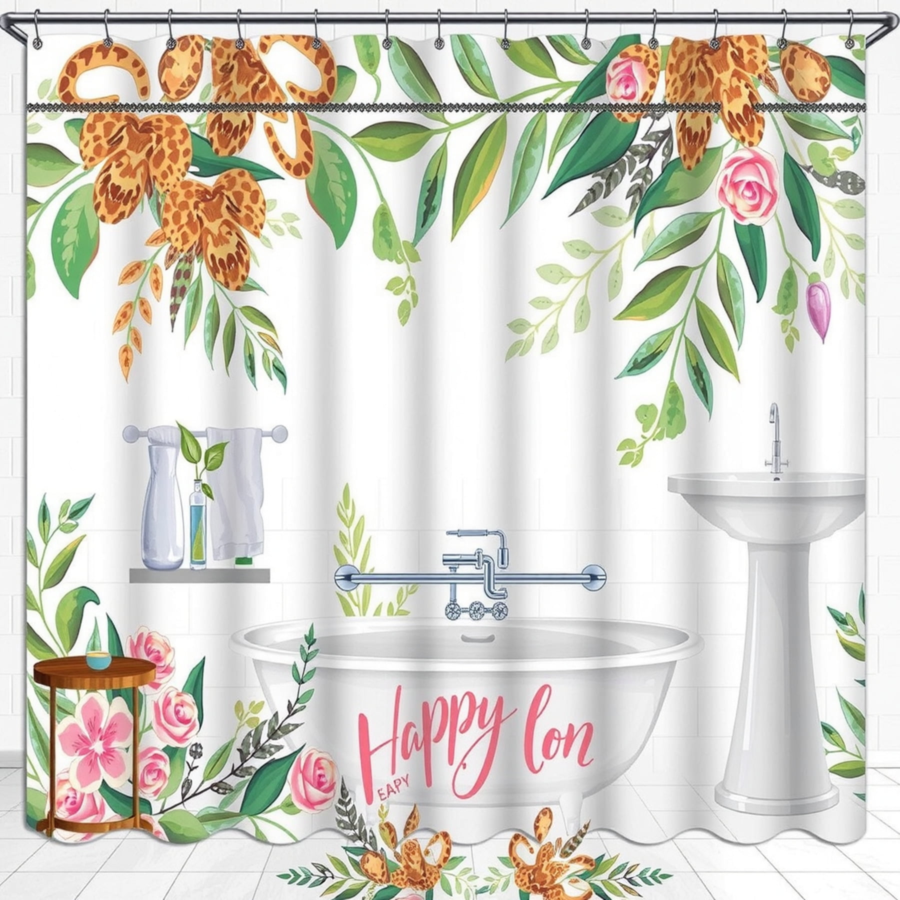 Whimsical White Shower Curtain with Floral Border & 'Happy Lon' Design ...