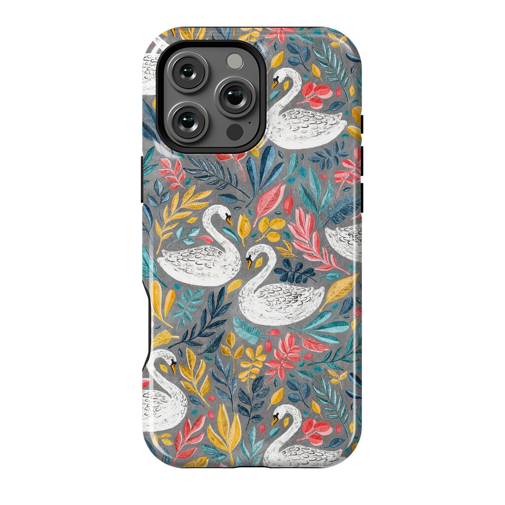 Whimsical White Swans With Lots Of Leaves On Grey Tough Case for iPhone ...