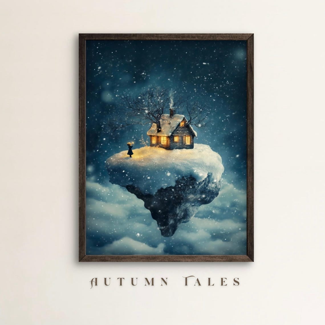 Whimsical Winter Cottage Poster Wall Art Surreal Floating Land Print ...