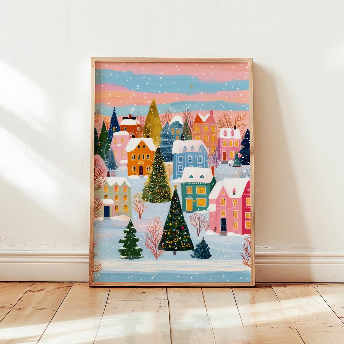 Whimsical Winter Village Poster, Cozy Decor, Colorful Folk Art Winter ...