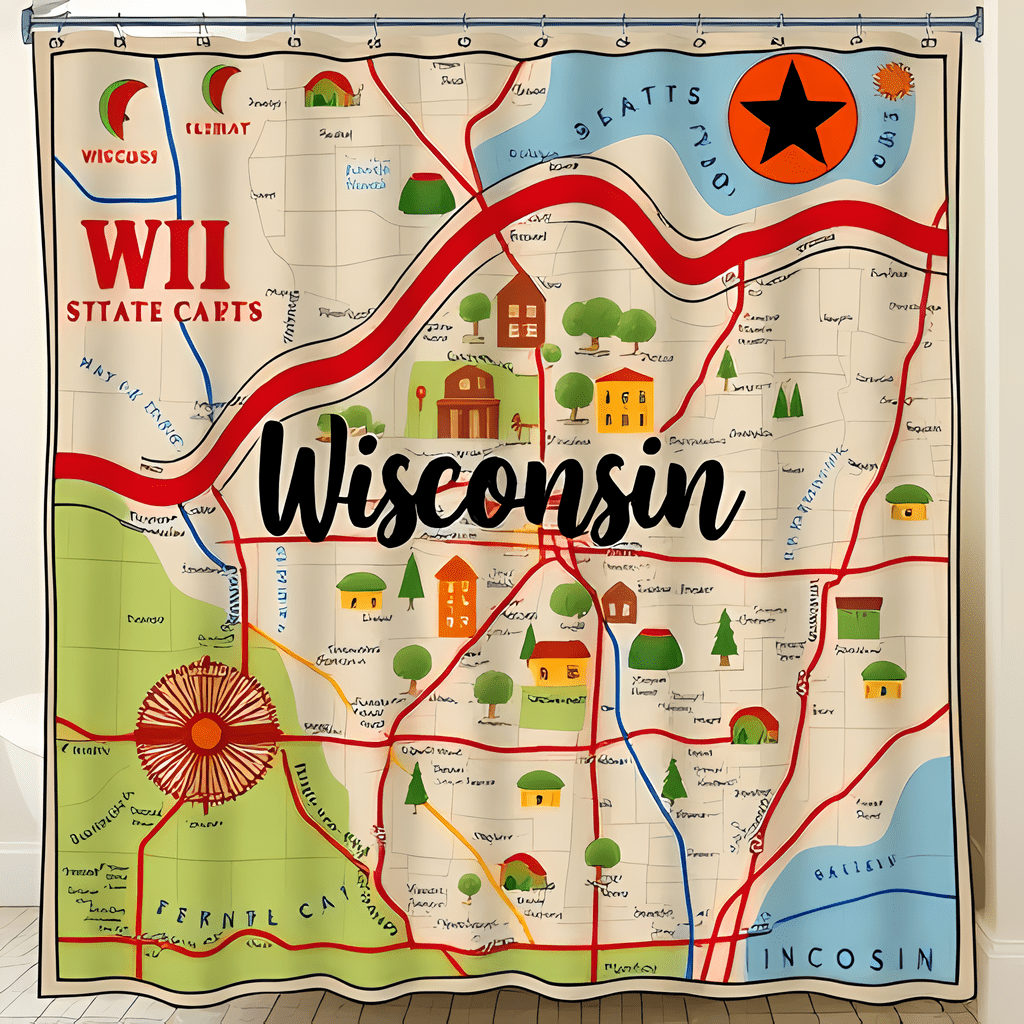 Whimsical Wisconsin Map Shower Curtain - Retro Color Palette ...