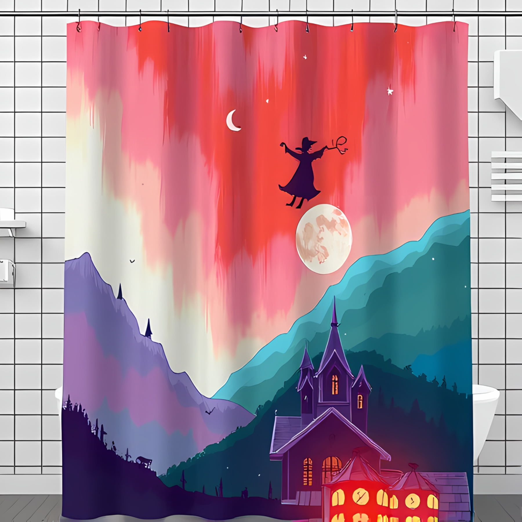 Whimsical Witch Flying Over Castle Shower Curtain - Enchanting Red and ...