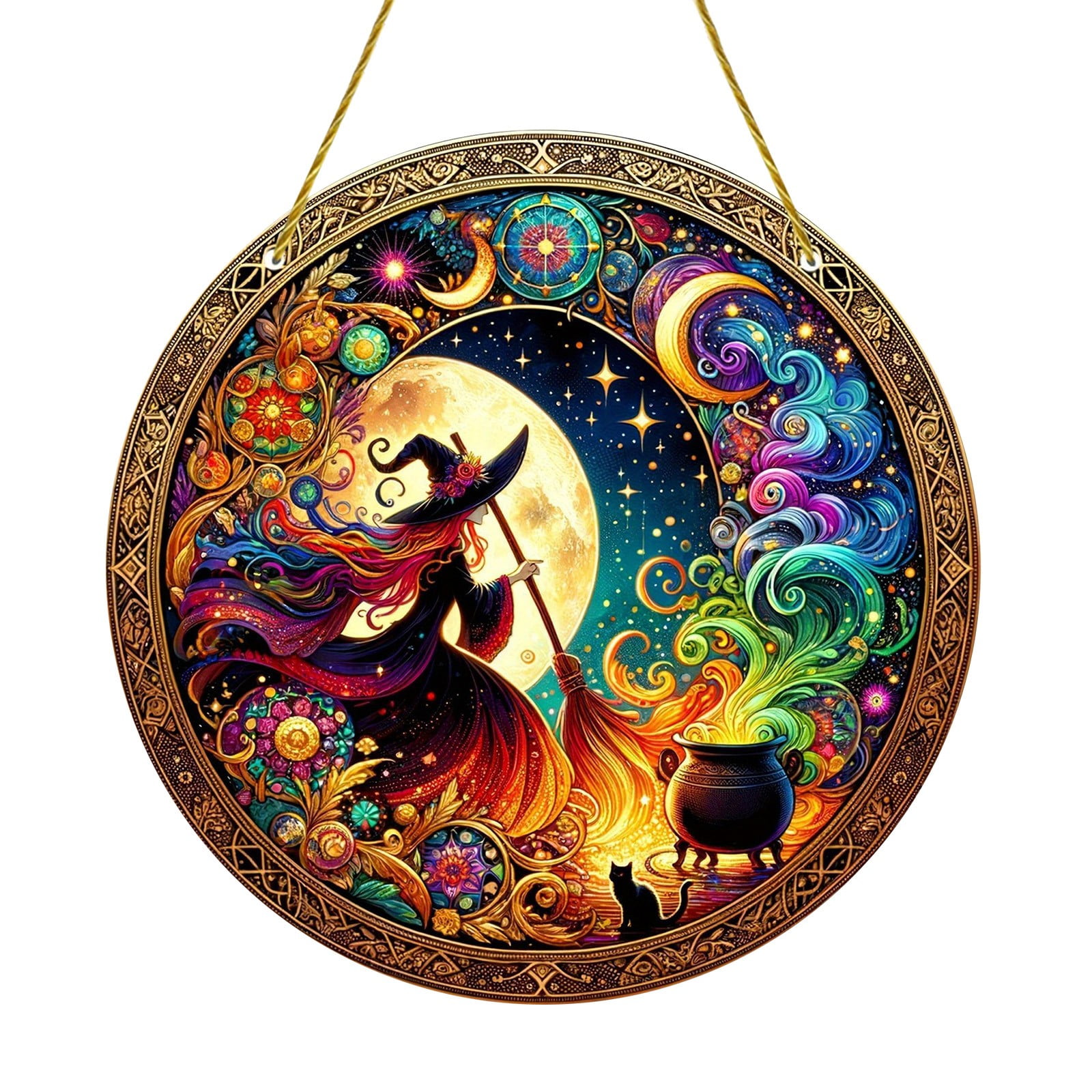 Whimsical Witch Stain Art Hanging Decor - 2D Flat Circular Acrylic Wall ...
