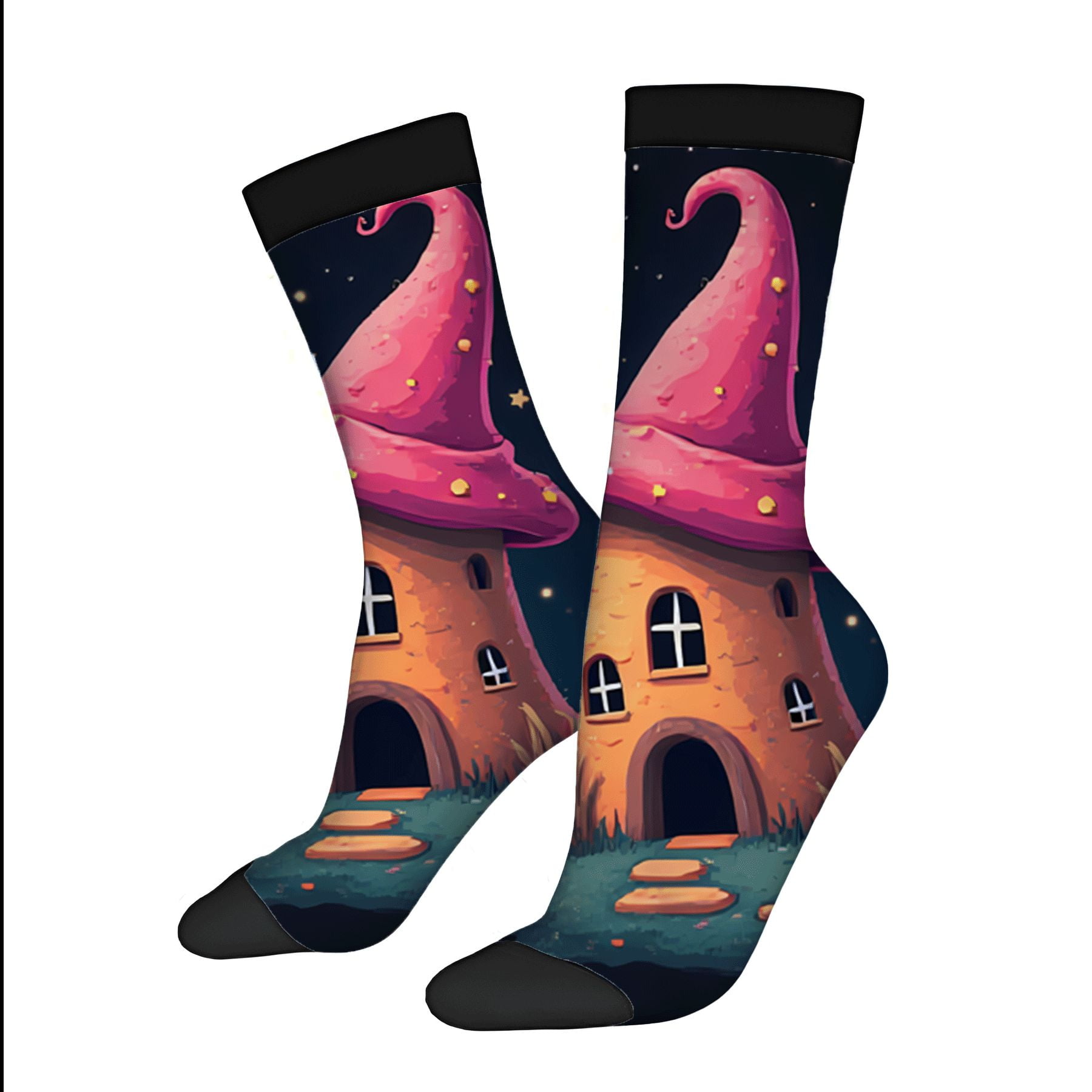 Whimsical Wizard Hat & Cozy House Design Socks 2 Pairs of Trendy Unisex ...