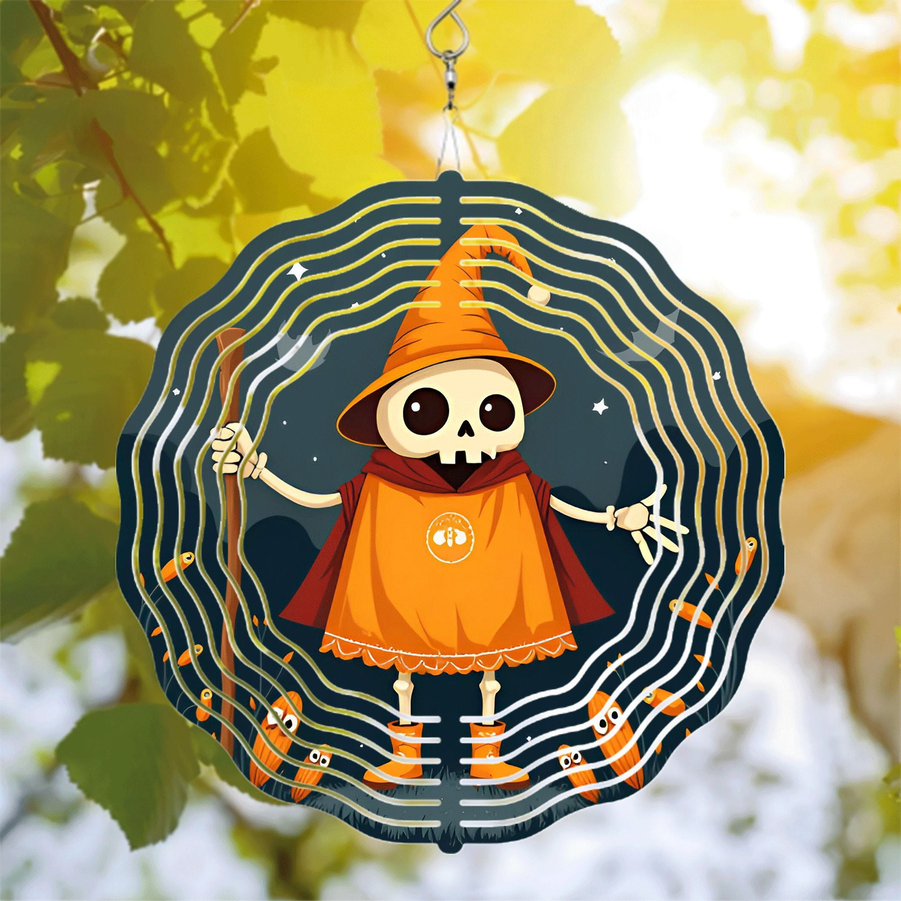 Whimsical Wizard Skeleton Metal Wind Spinner & Chime - Playful Orange ...