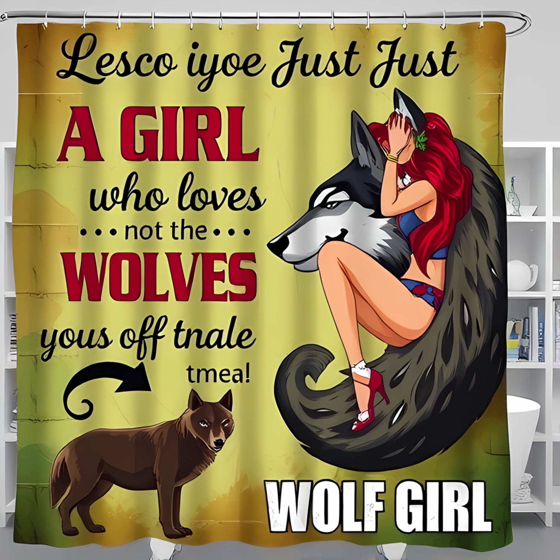 Whimsical Wolf Girl Shower Curtain - Playful Red-Haired Girl & Cartoon Wolf Design Earthy Green ...