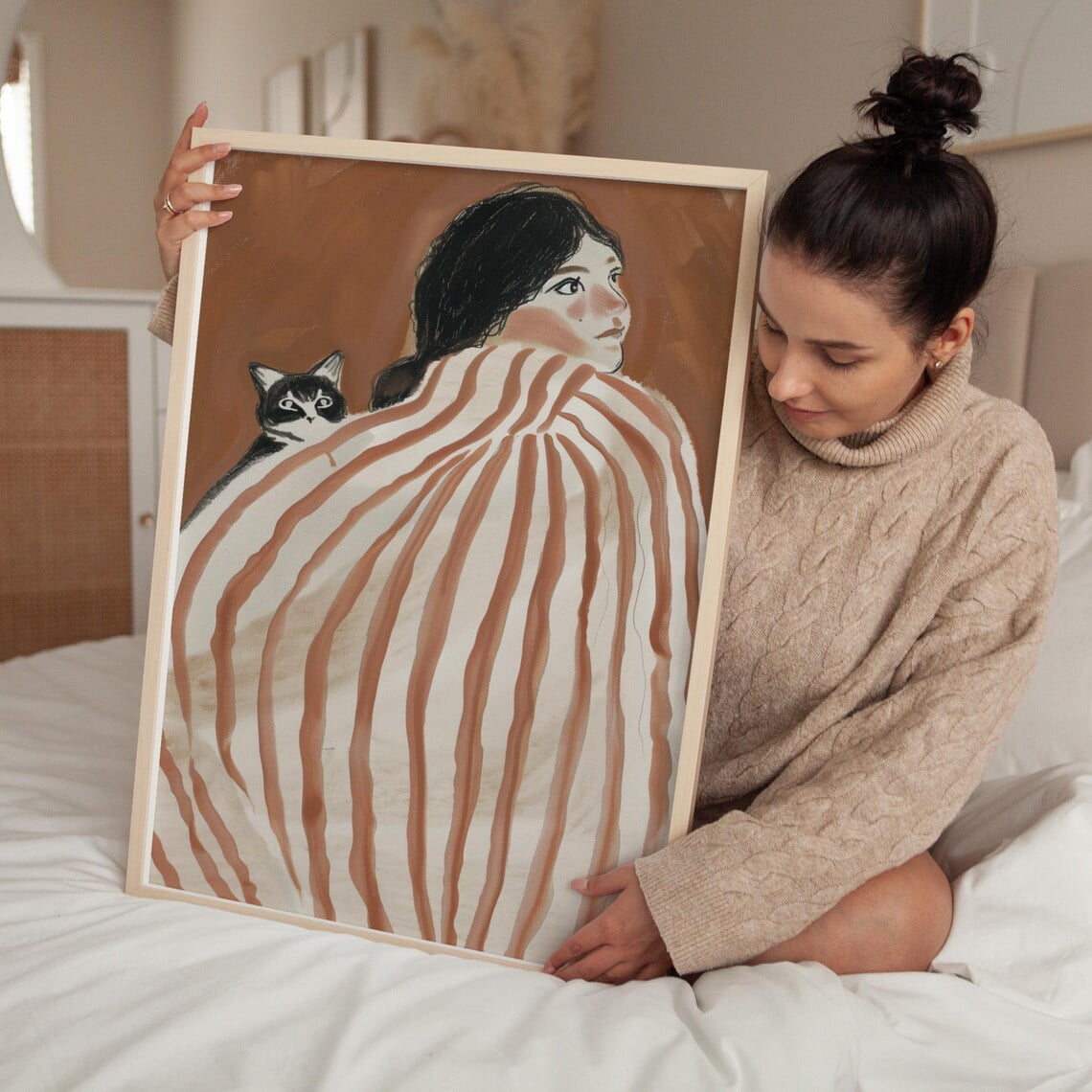 Whimsical Woman And Cat Art Print Minimalist Illustration Striped ...