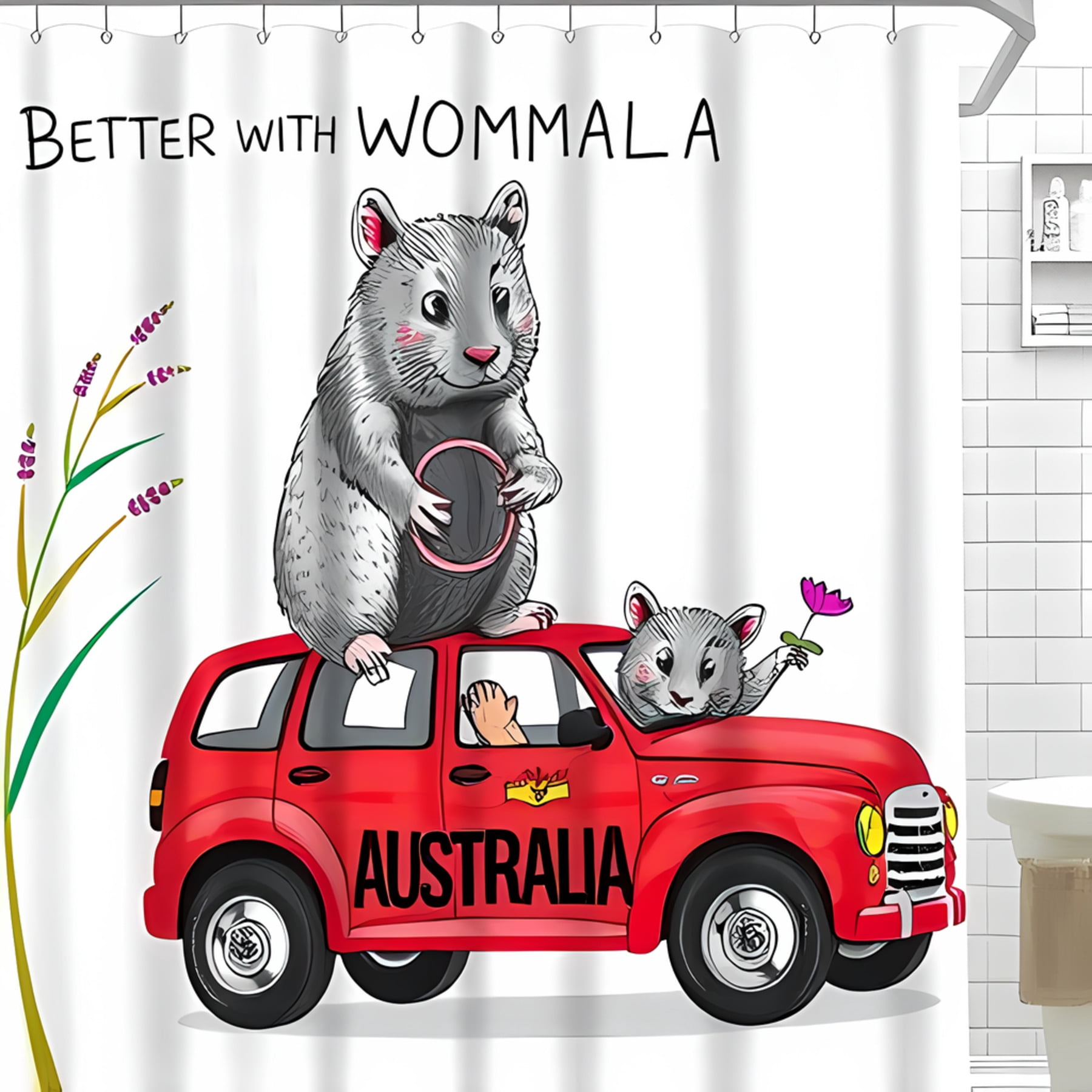 Whimsical Wombat Road Trip Shower Curtain - Vintage Car Design with ...