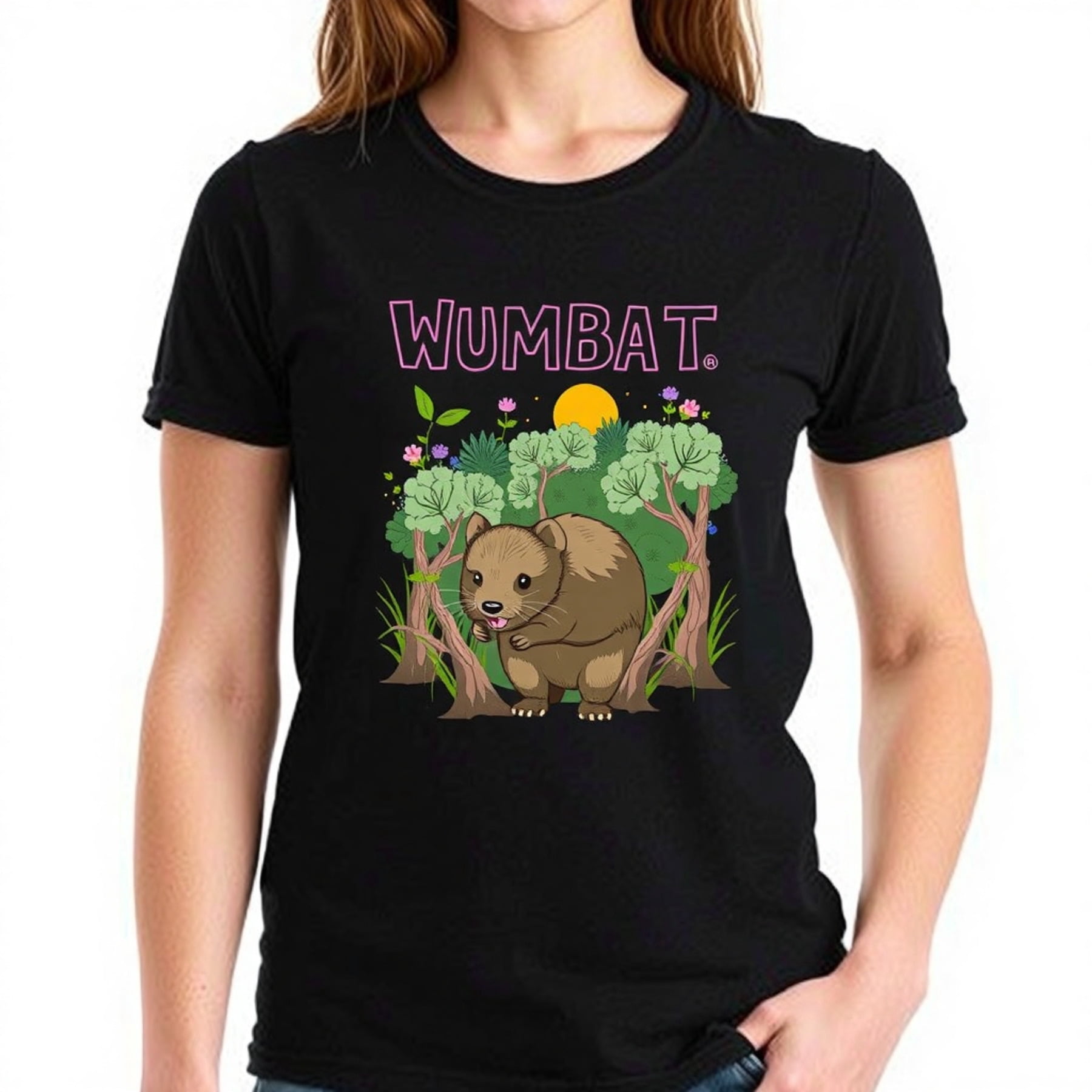 Whimsical Wombat T-Shirt - Playful Nature Design with Trees & Sun ...