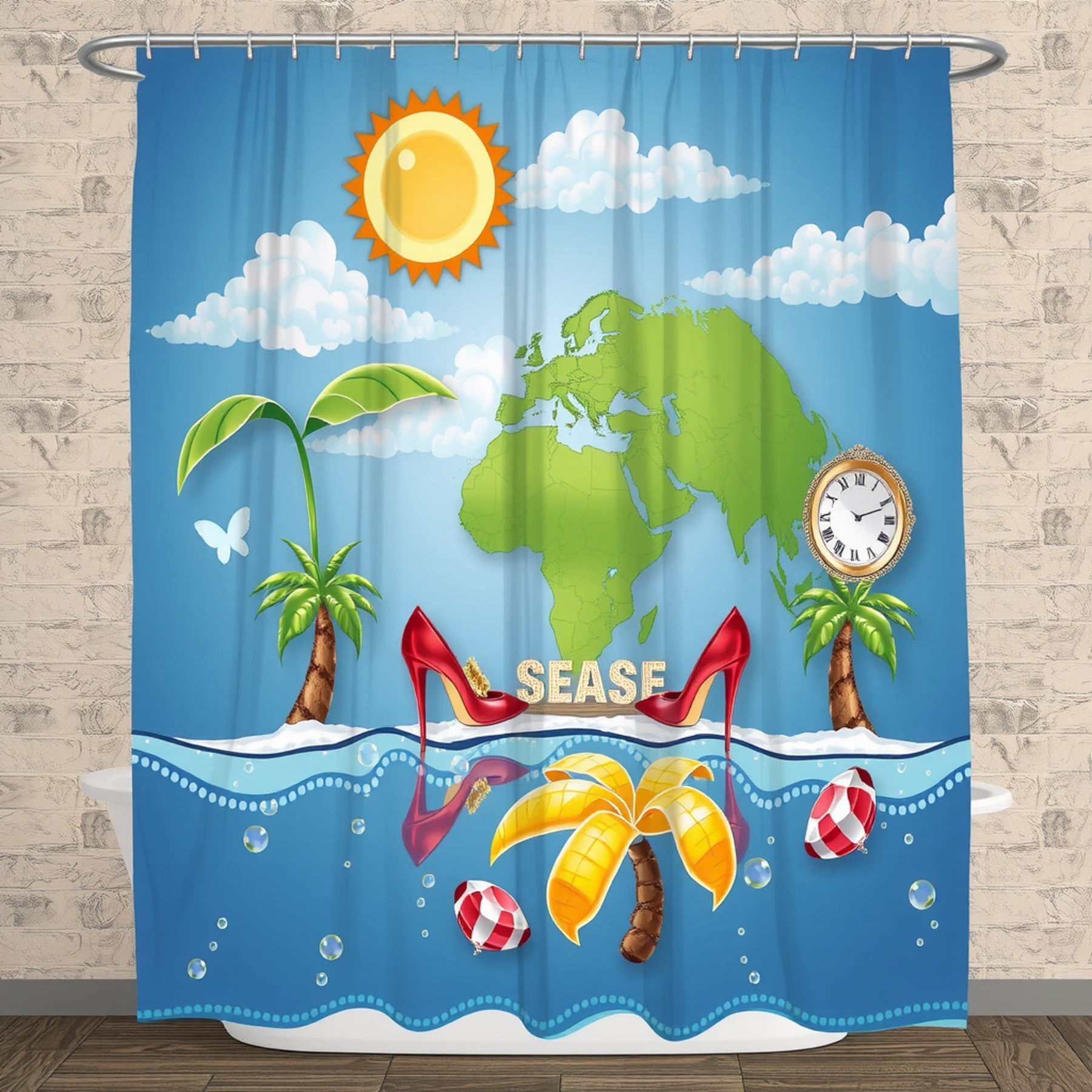 Whimsical World Map Shower Curtain - Tropical Paradise Design with ...