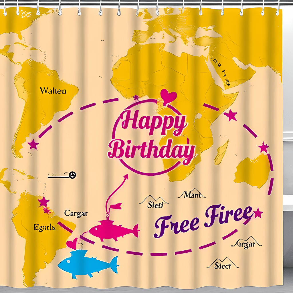 Whimsical World Map Shower Curtain with Birthday Message & Cartoon ...