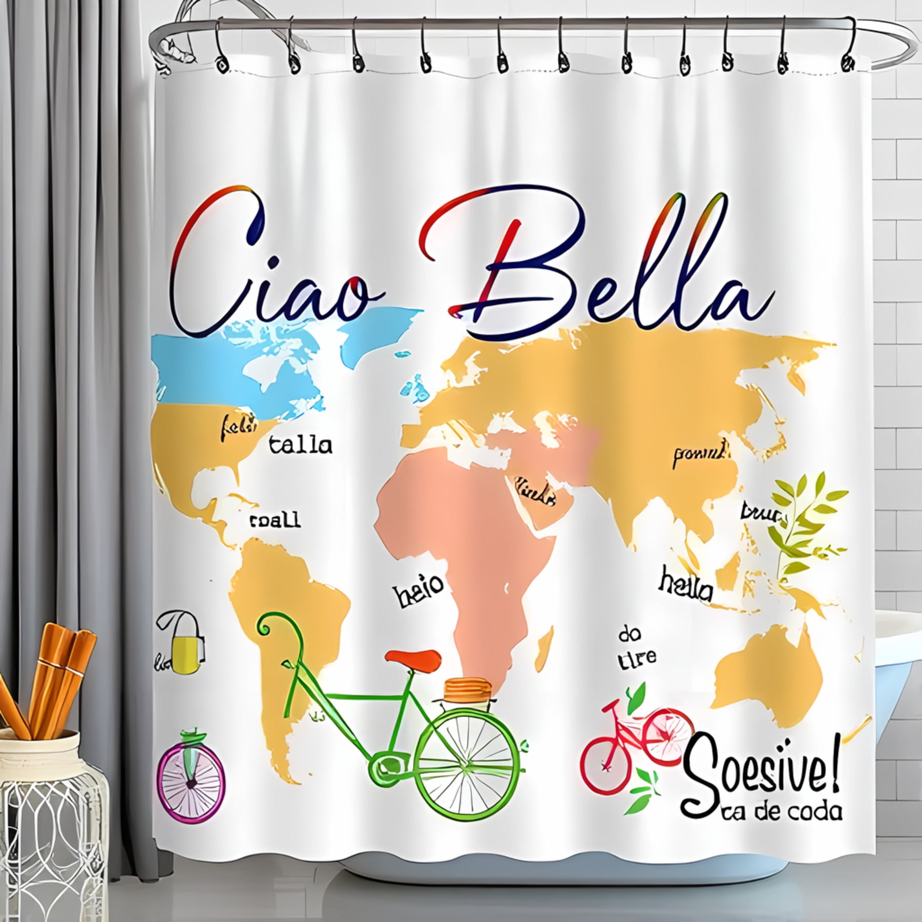 Whimsical World Map Shower Curtain with Pastel Colors 'Ciao Bella' Script and Multilingual ...