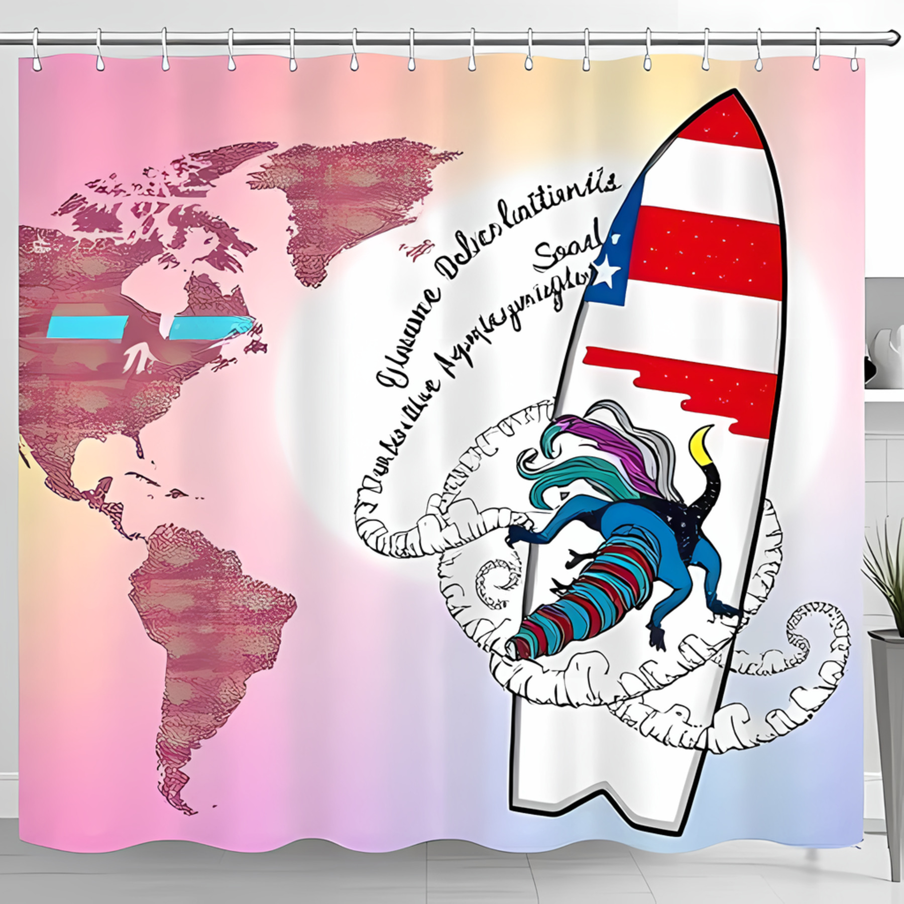 Whimsical World Map Shower Curtain with Surfboard & Mythical Creature ...
