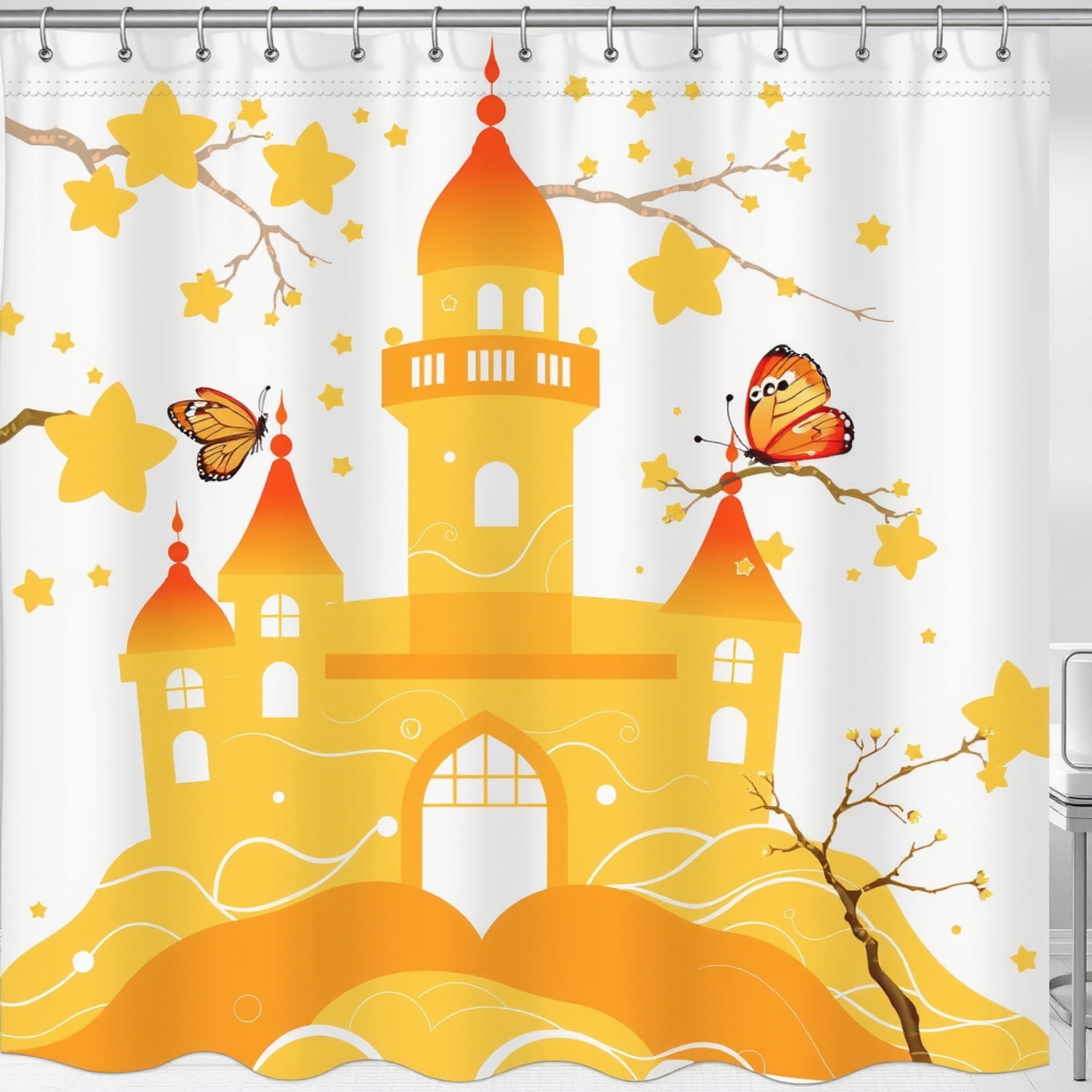 Whimsical Yellow Castle Shower Curtain with Butterflies & Stars ...