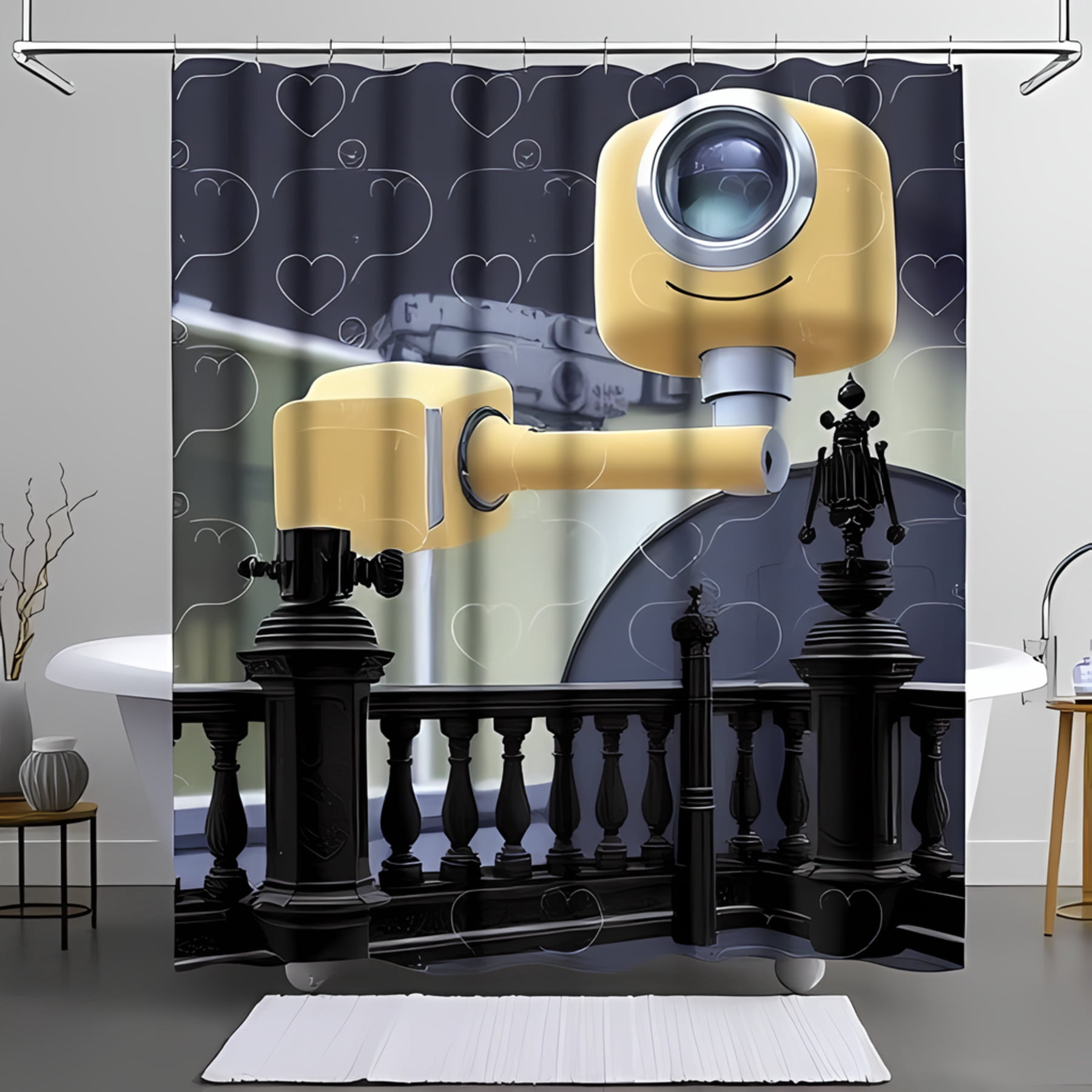 Whimsical Yellow Robotic Arm Shower Curtain with Heart Shapes - Playful ...
