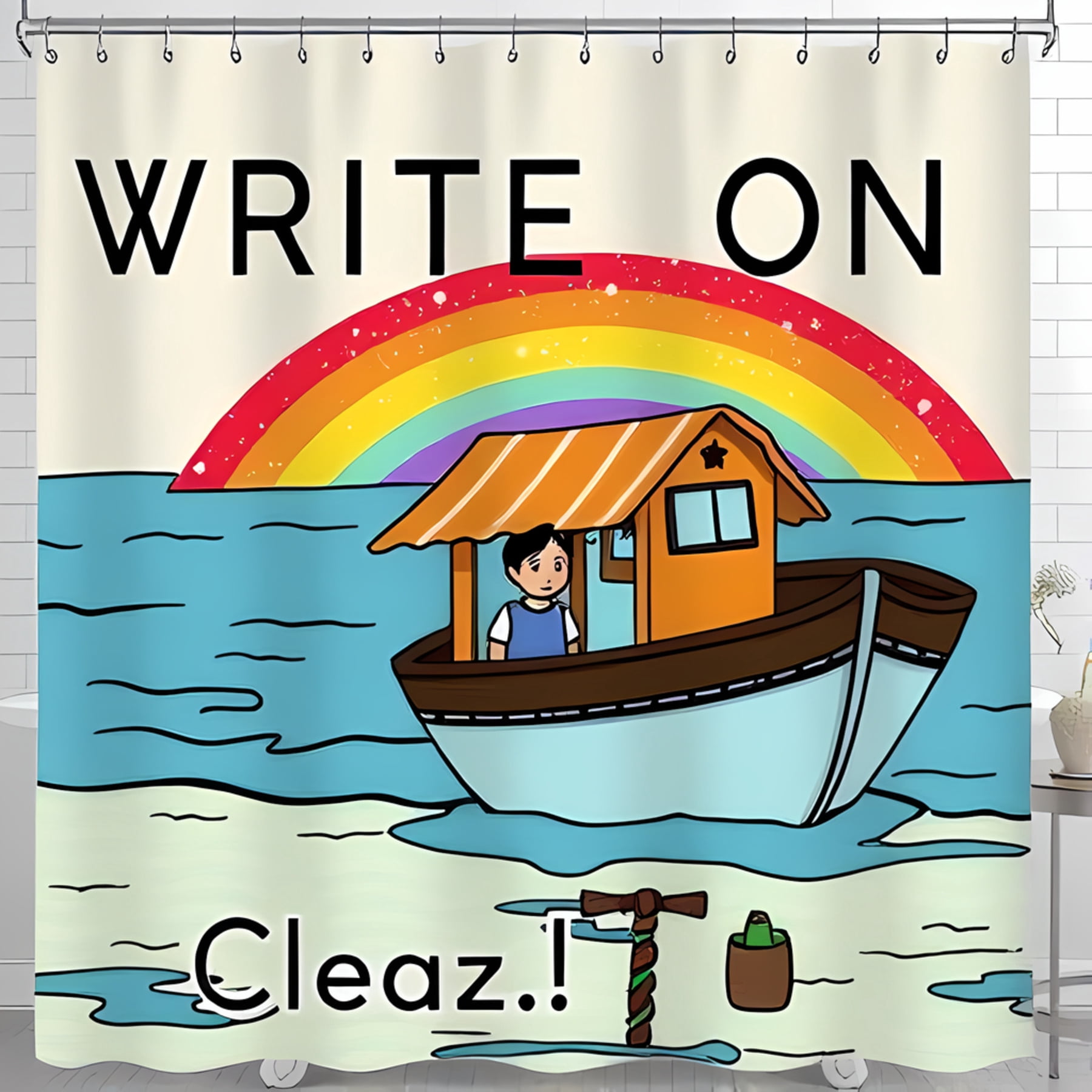 Whimsical Young Boy Sailing Houseboat Under Rainbow Shower Curtain ...