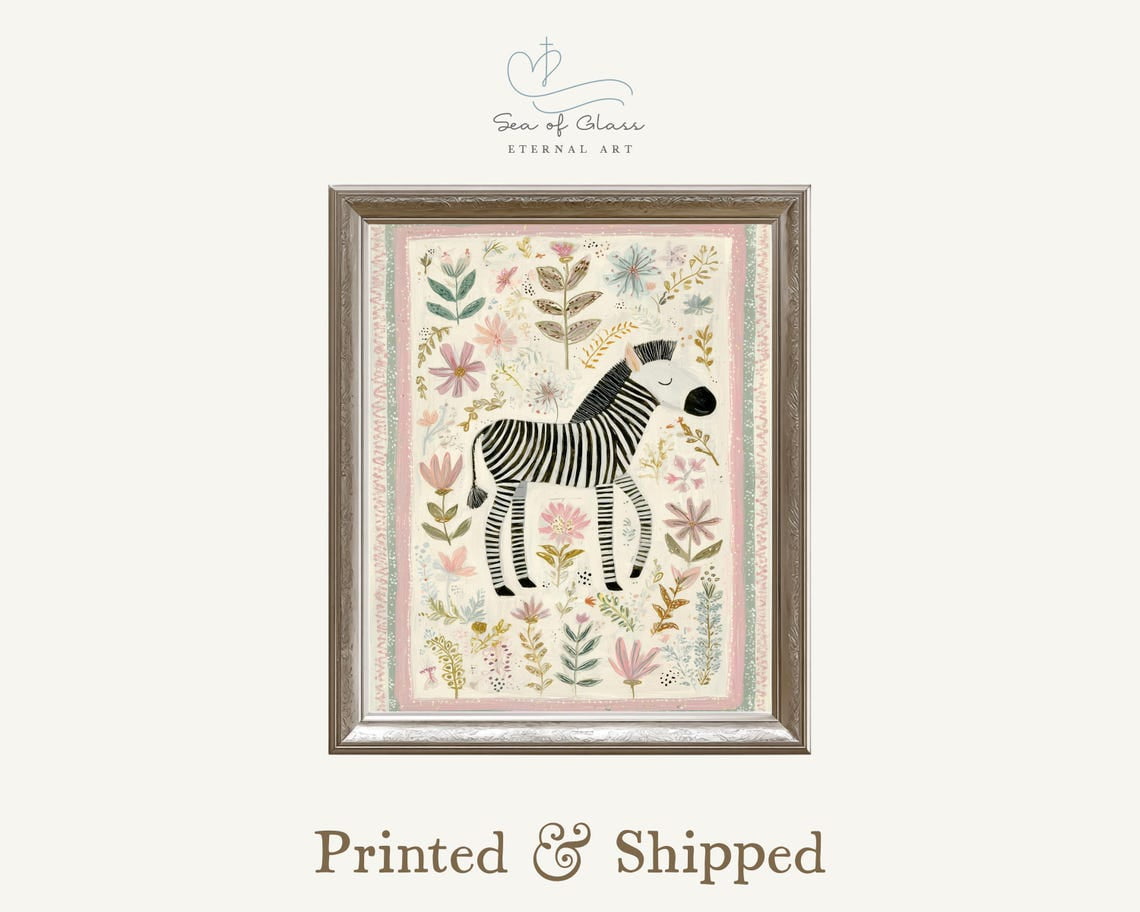 Whimsical Zebra Wall Art Poster Floral Nursery Artwork, Safari Animal ...