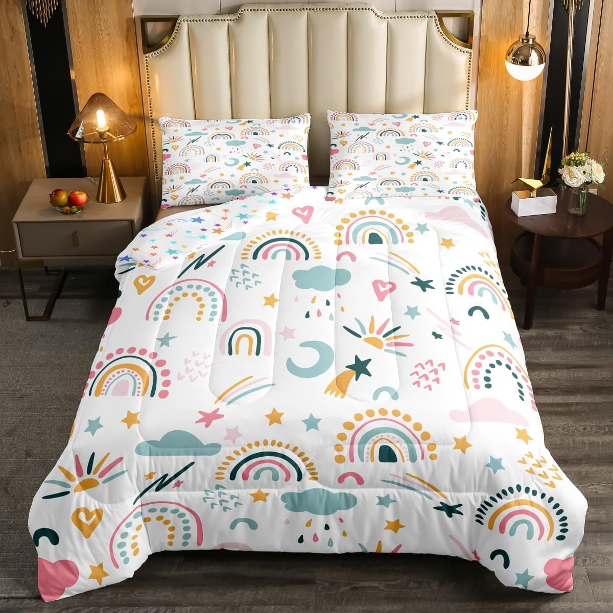 Whimsical and Colorful Celestial - Themed Bedding Set with Rainbows ...