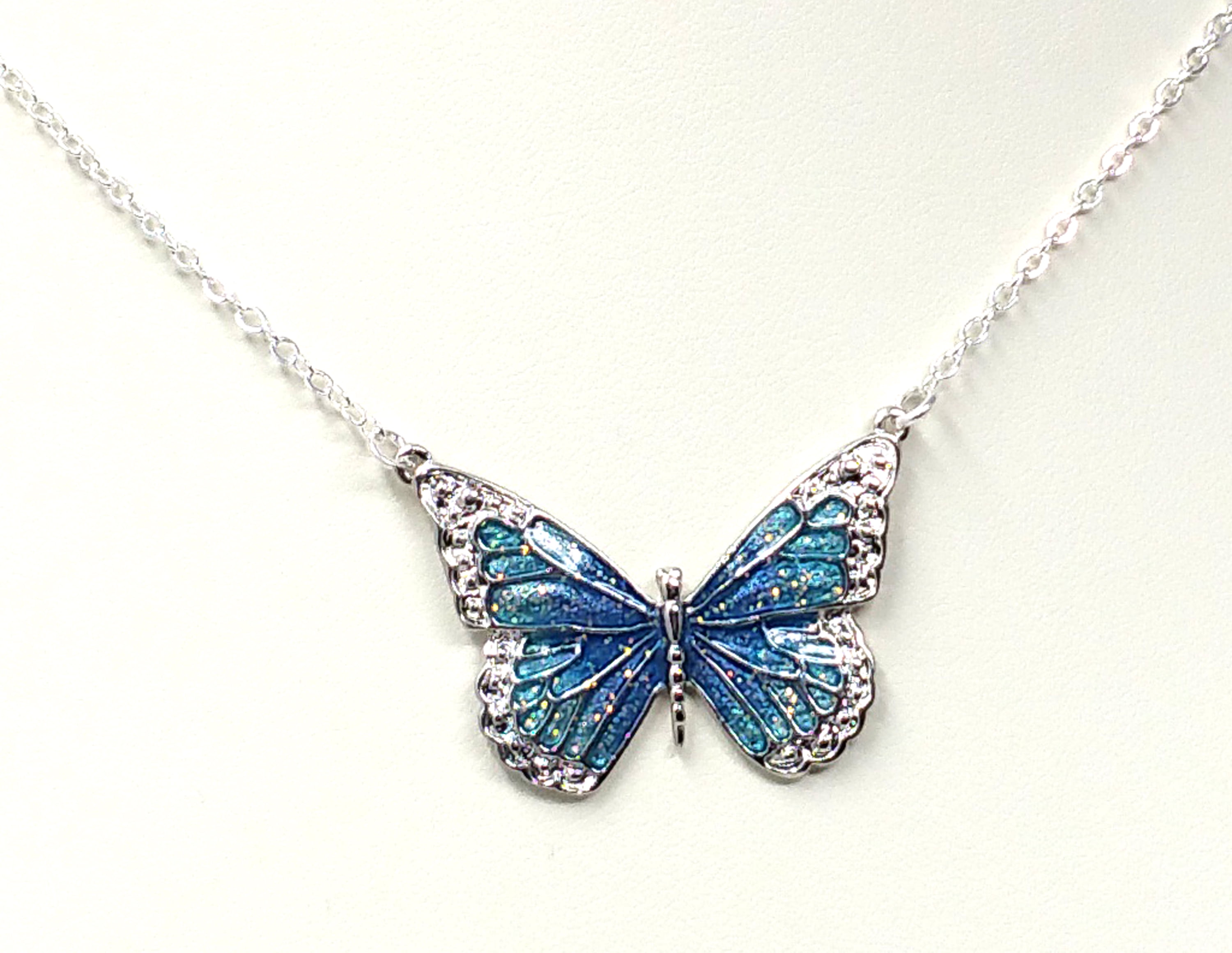 Whimsy Sparkly Blue Butterfly Necklace with 18 inch Chain and ...
