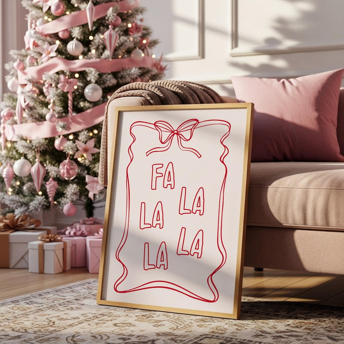 Whimsy Winter Holiday Fa La La La La Wall Art, Red Ribbon Holiday Print ...