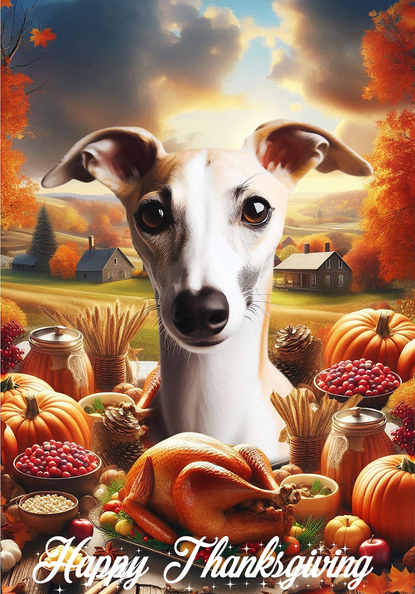 Whippet Fawn/White- Best of Breed Thanksgiving Outdoor Garden Flag 12 ...