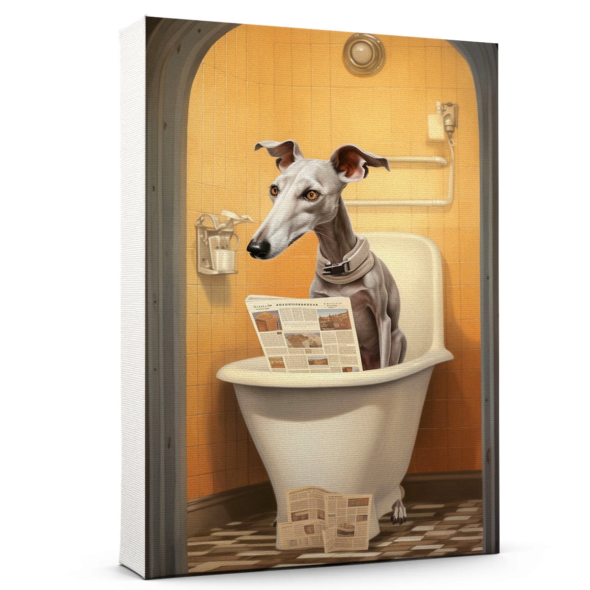 Whippet Gift Wall Art, Cute Dog Sitting on The Toilet Reading a ...
