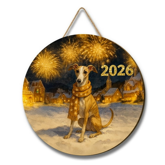 Whippet Happy New Year 2026 with Fireworks on New Year's Eve Round Wood ...