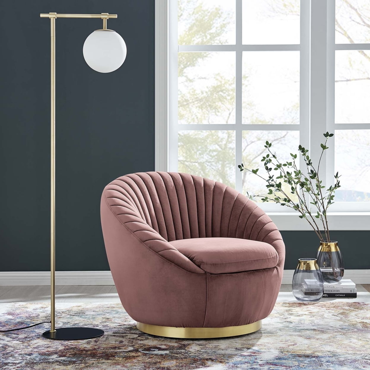 Modway Whirr Tufted Performance Velvet Swivel Chair in Gold Dusty Rose ...